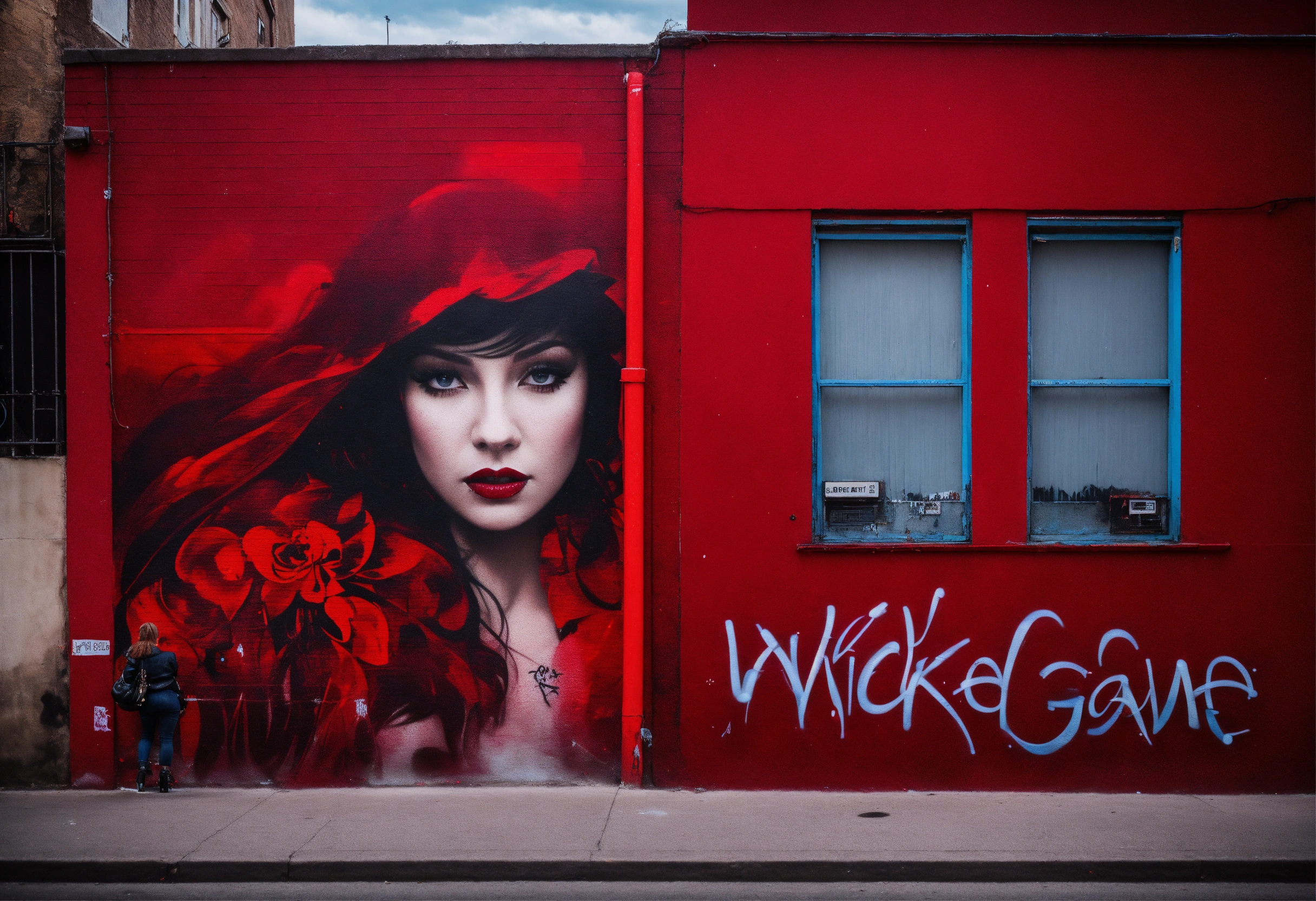 Lexica - A graffiti saying wicked game in red and a woman in the street