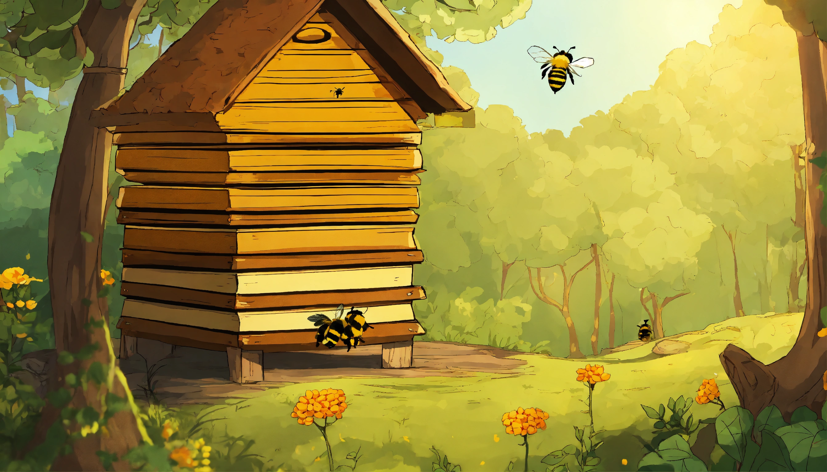 Lexica - A bee hive full of honey in the forest, cartoon
