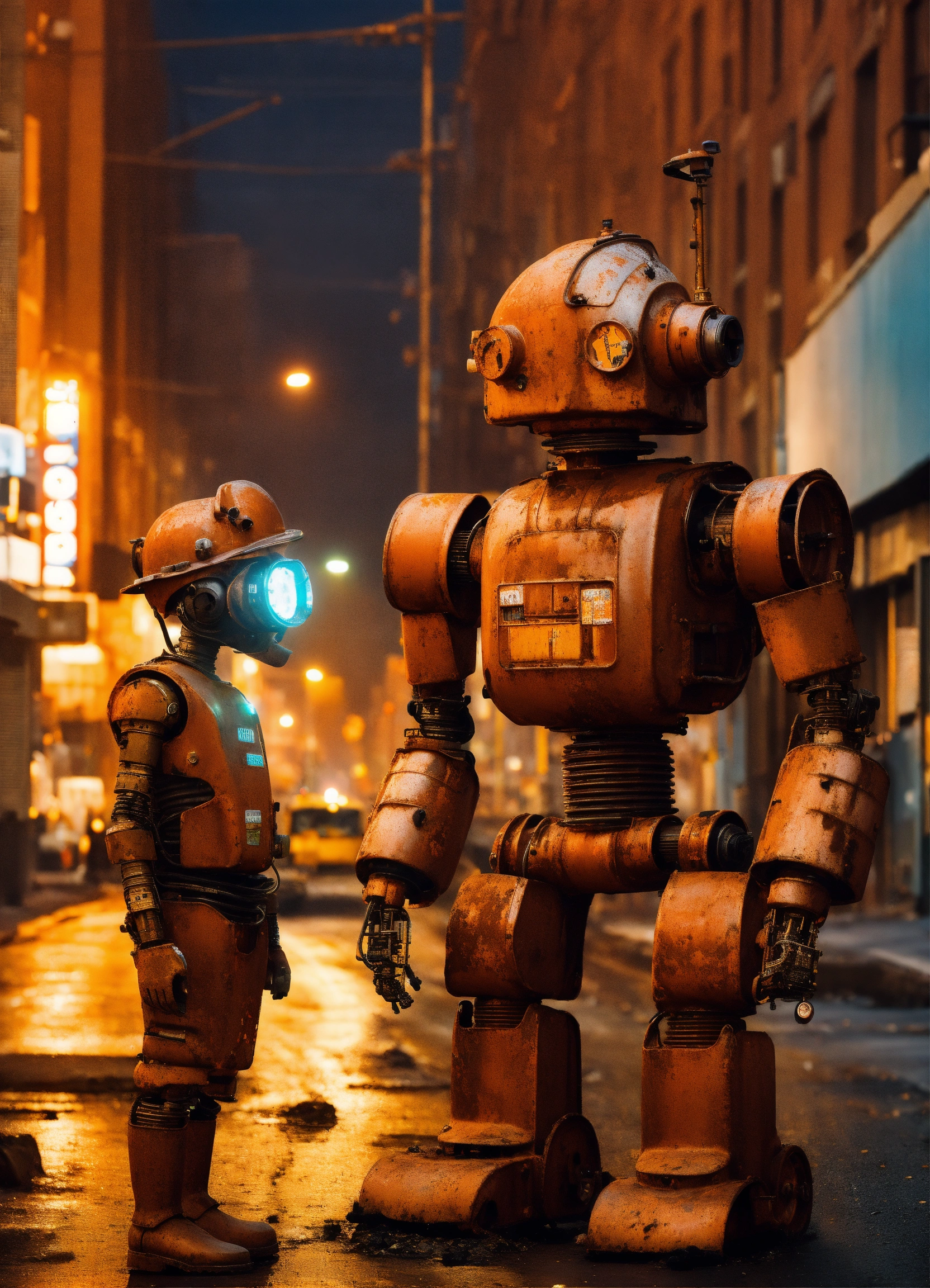 Lexica - 2 rusty semi-broken humanoid robots, in a busy street, mine worker helmet with a light ...