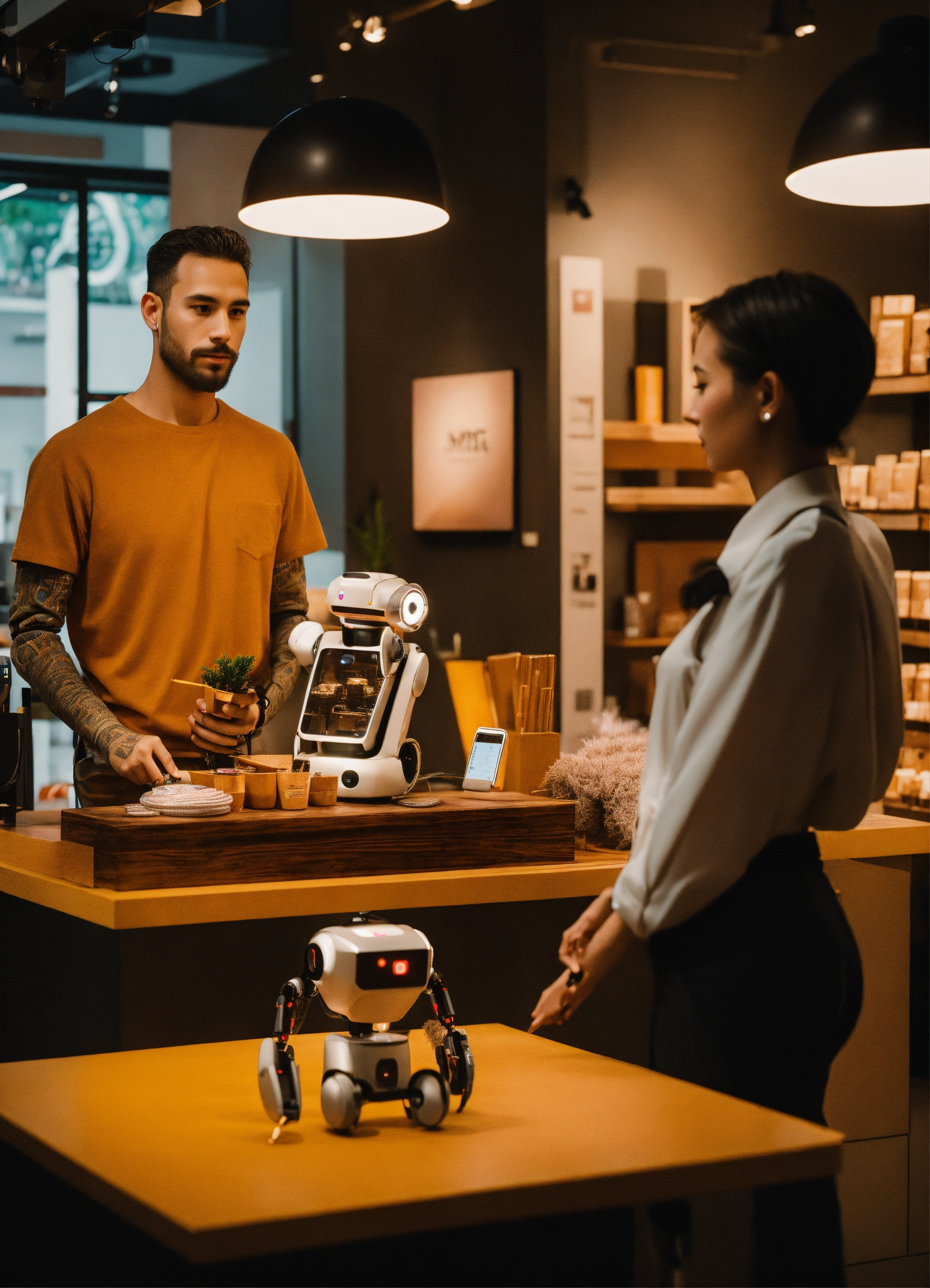 Lexica - Portrait of a man and woman in a cutting-edge shop with smart ...