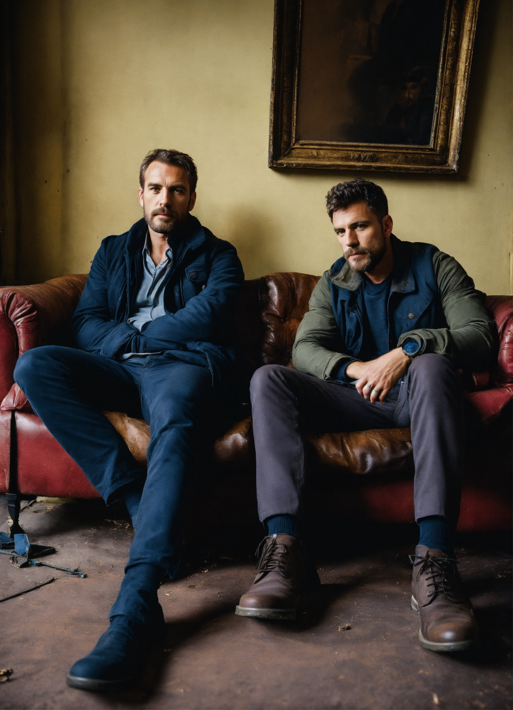 Lexica - 2 scruffy British men, sitting on a small, old, dirty couch ...