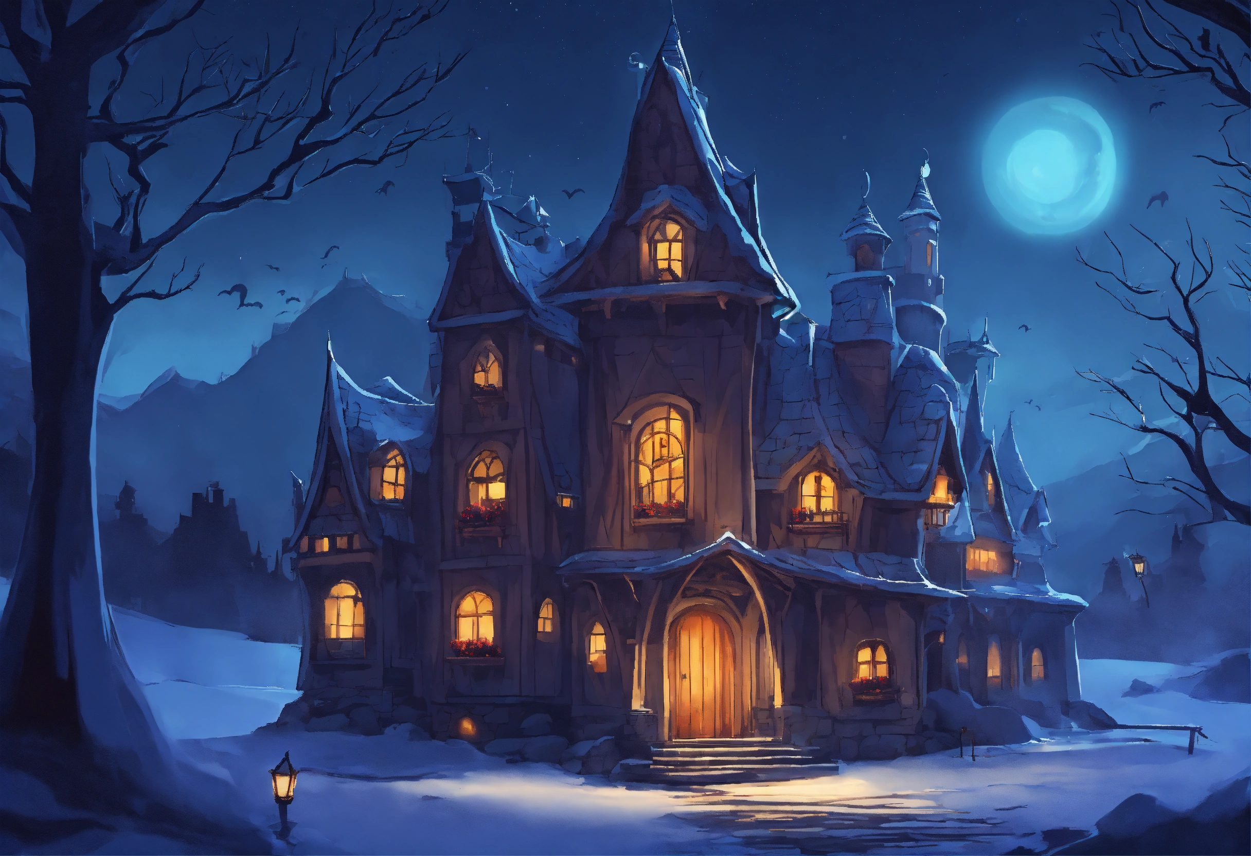 Lexica - Cartoon fairy taie style image witch scary big castle hall ...