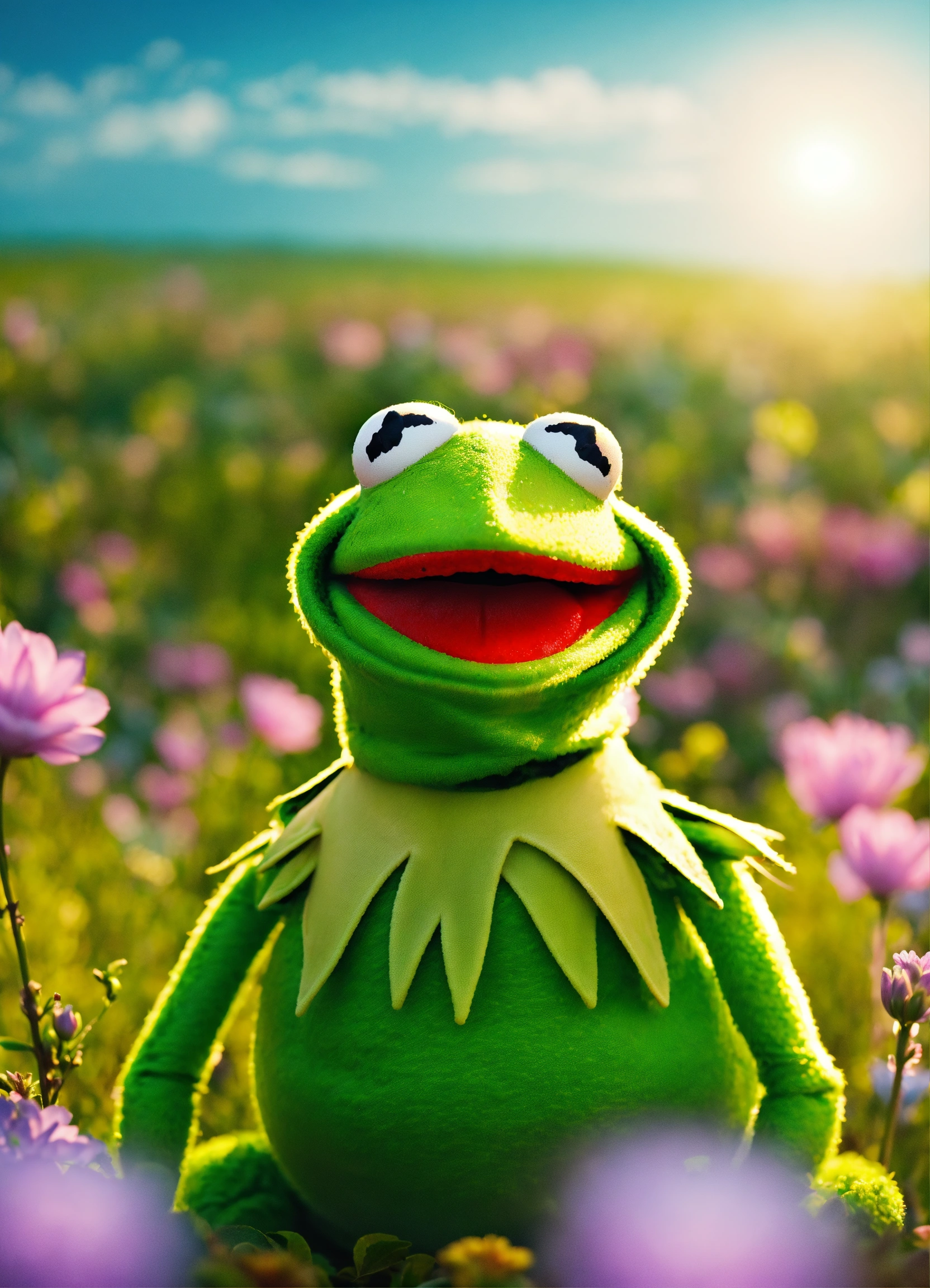 Lexica - Kermit the frog, happy, light, surrounded by a blue sky on a ...