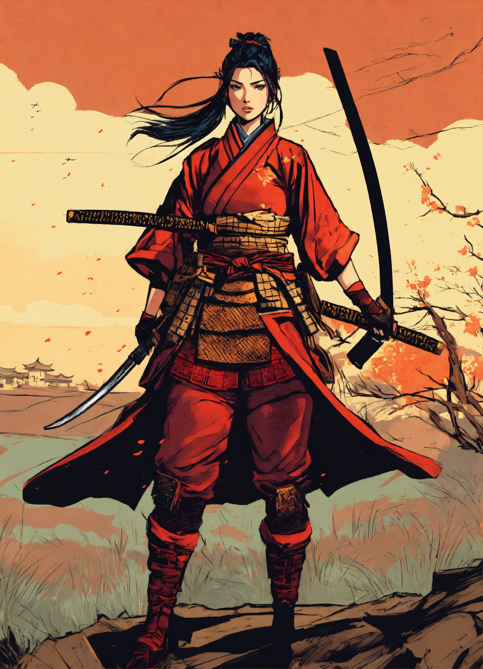 Lexica - Female samurai in battlefield, modern comics style