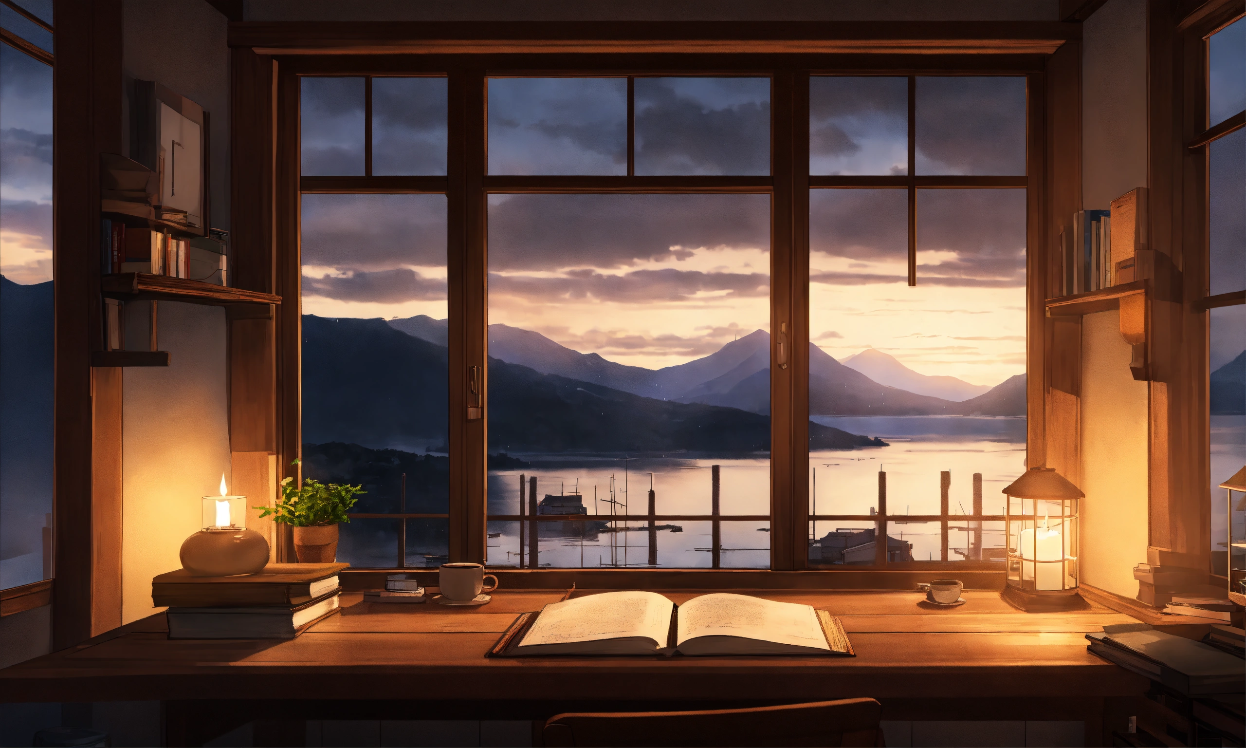 Lexica - Anime study room in finland against fjord, big centered window ...