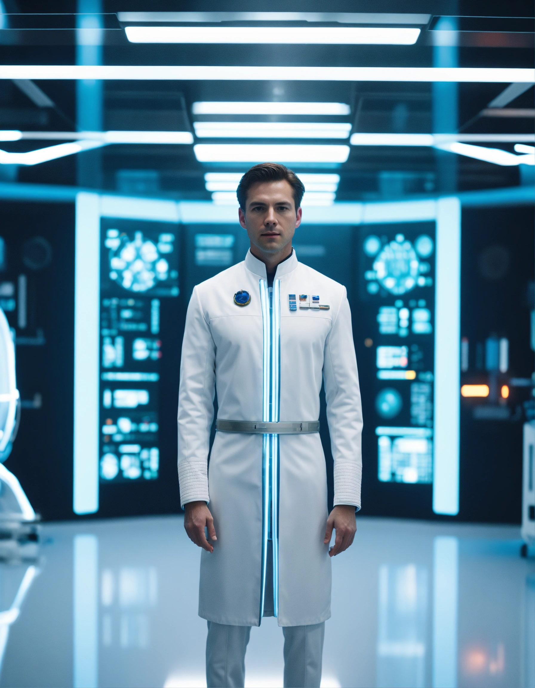 Lexica - Zoom out on white male star command Doctor wearing a sleek ...