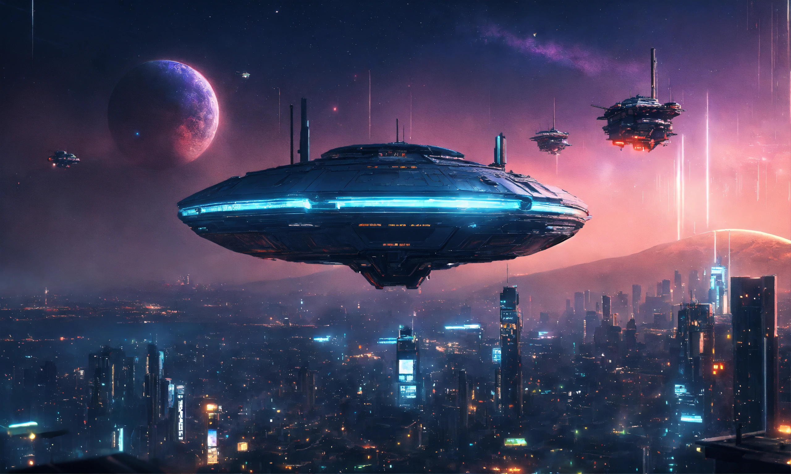 Lexica - Cyberpunk city with spacecraft flying in the night sky, ultra ...