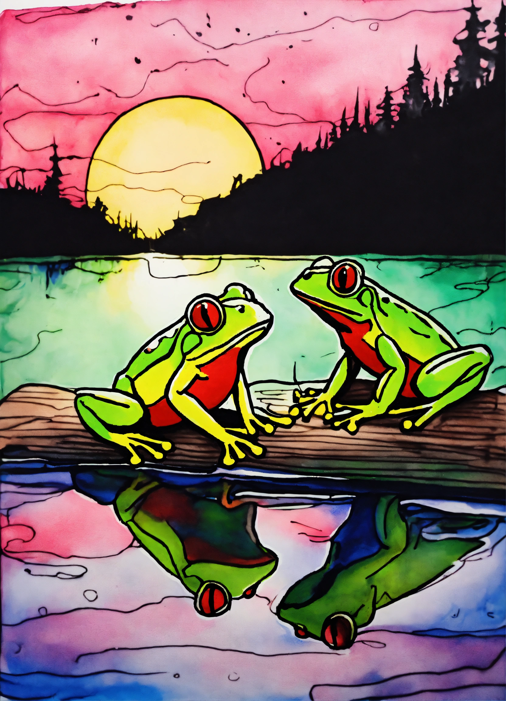 Lexica - Two frogs on lake drinking coke, alcohol ink, alcohol marker ...