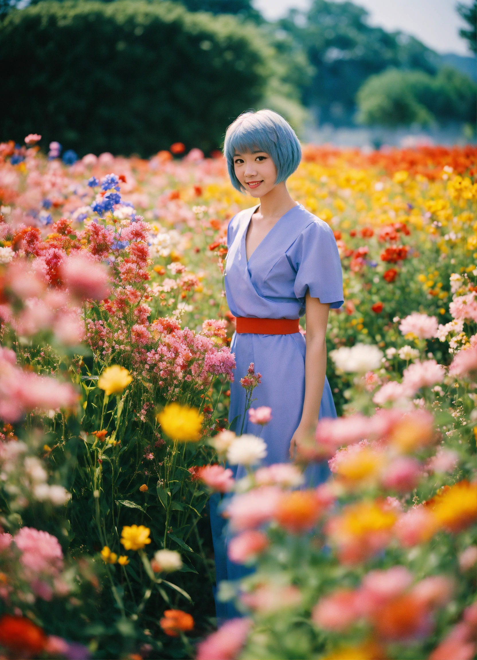 Lexica - Happy Rei Ayanami standing in a beautiful field of flowers ...