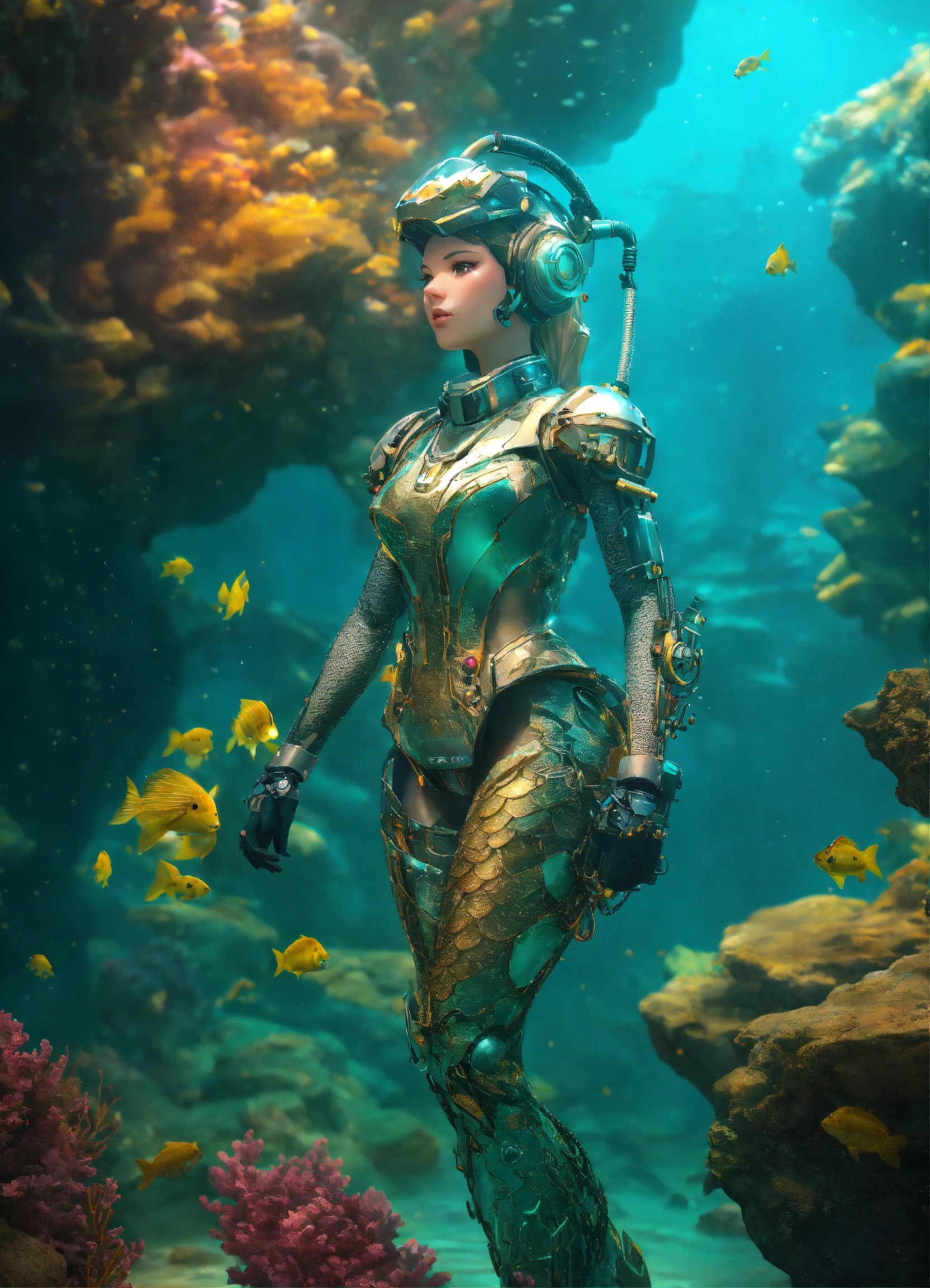 Lexica - A android mermaid in her mechanical outfit under an underwater ...