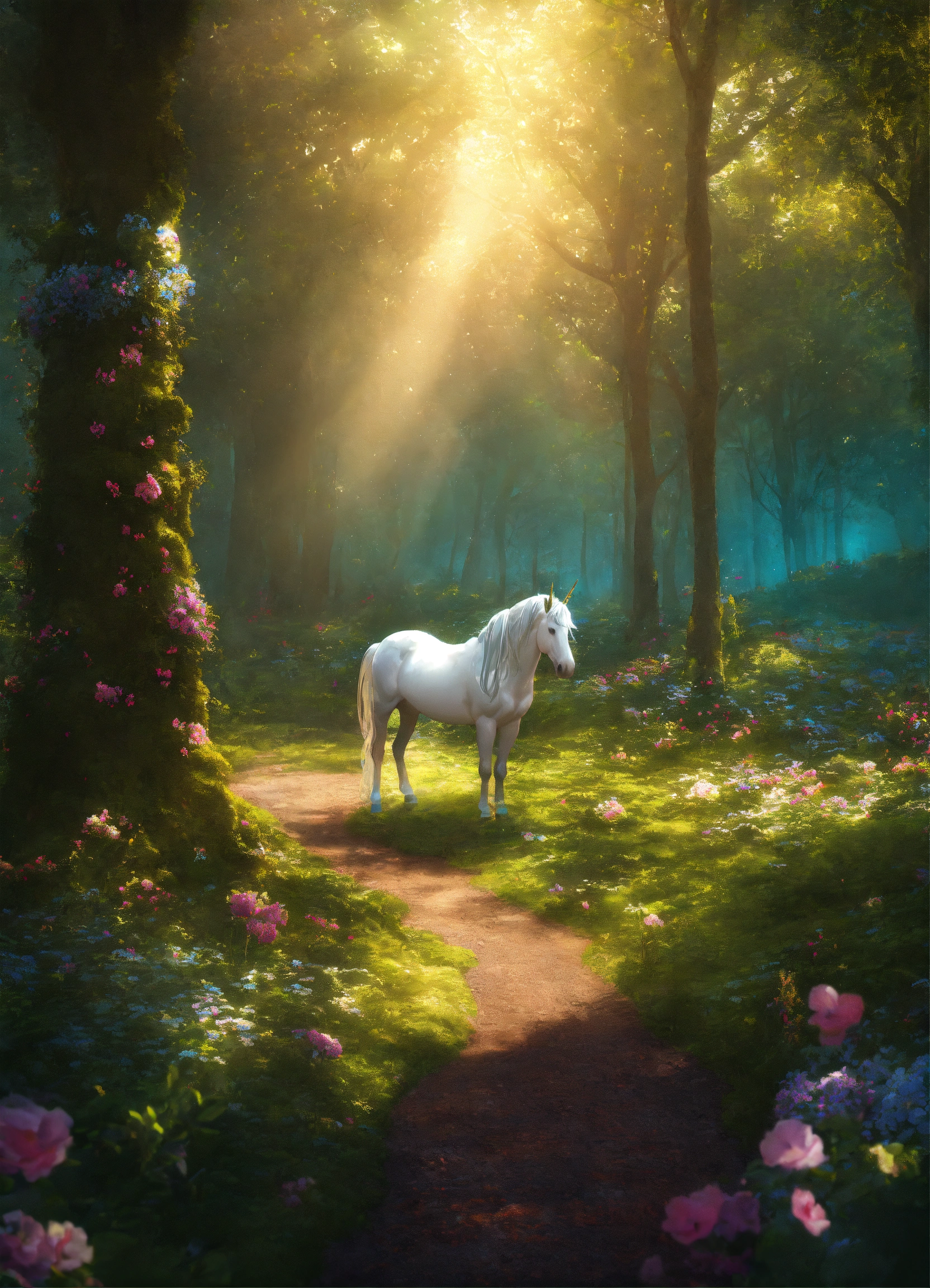 Lexica - Mystery unfolds in an enchanted forest with unicorns in the virtual landscape.