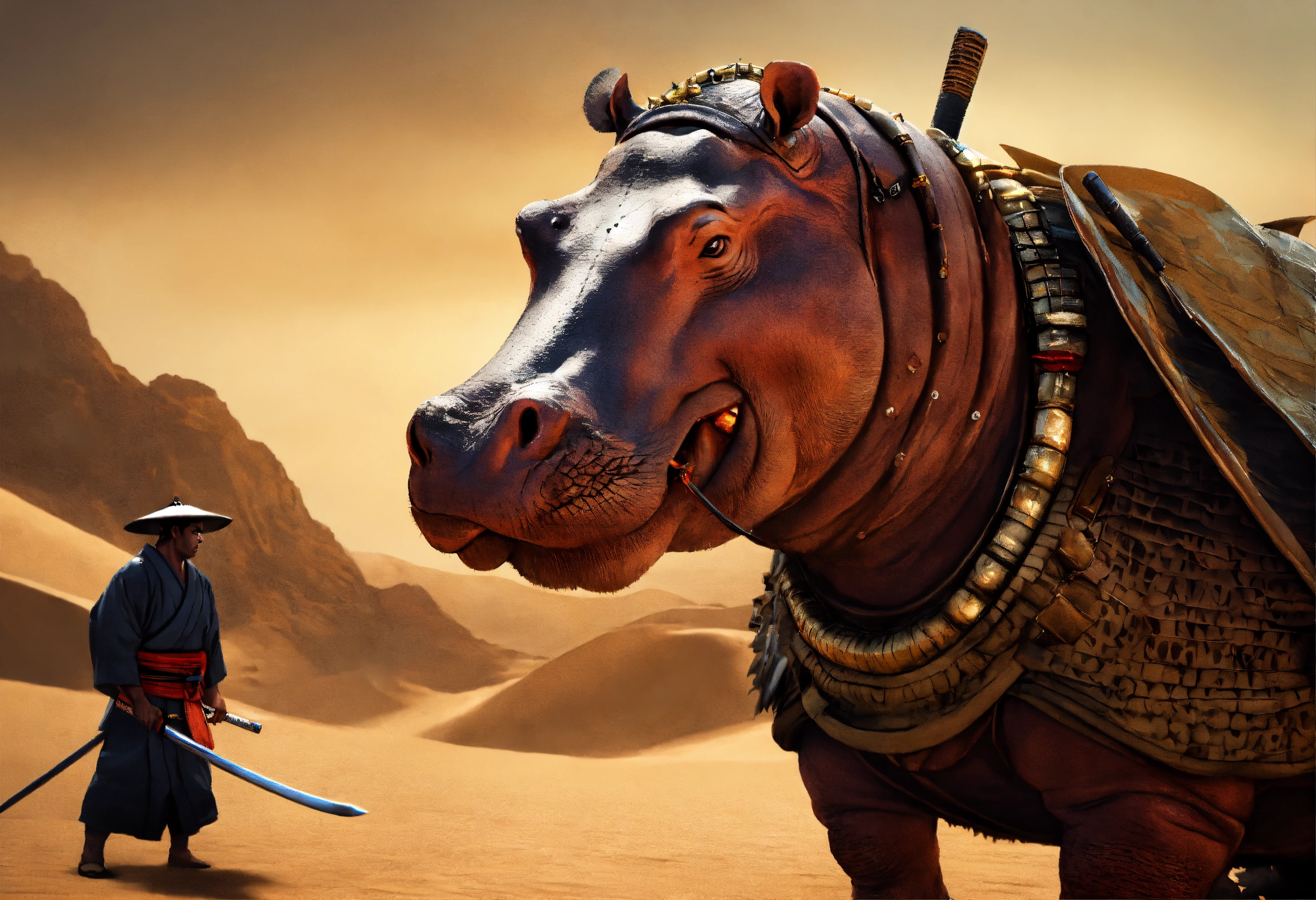 Lexica - Hippo samurai. Desert. Hyper realistic.