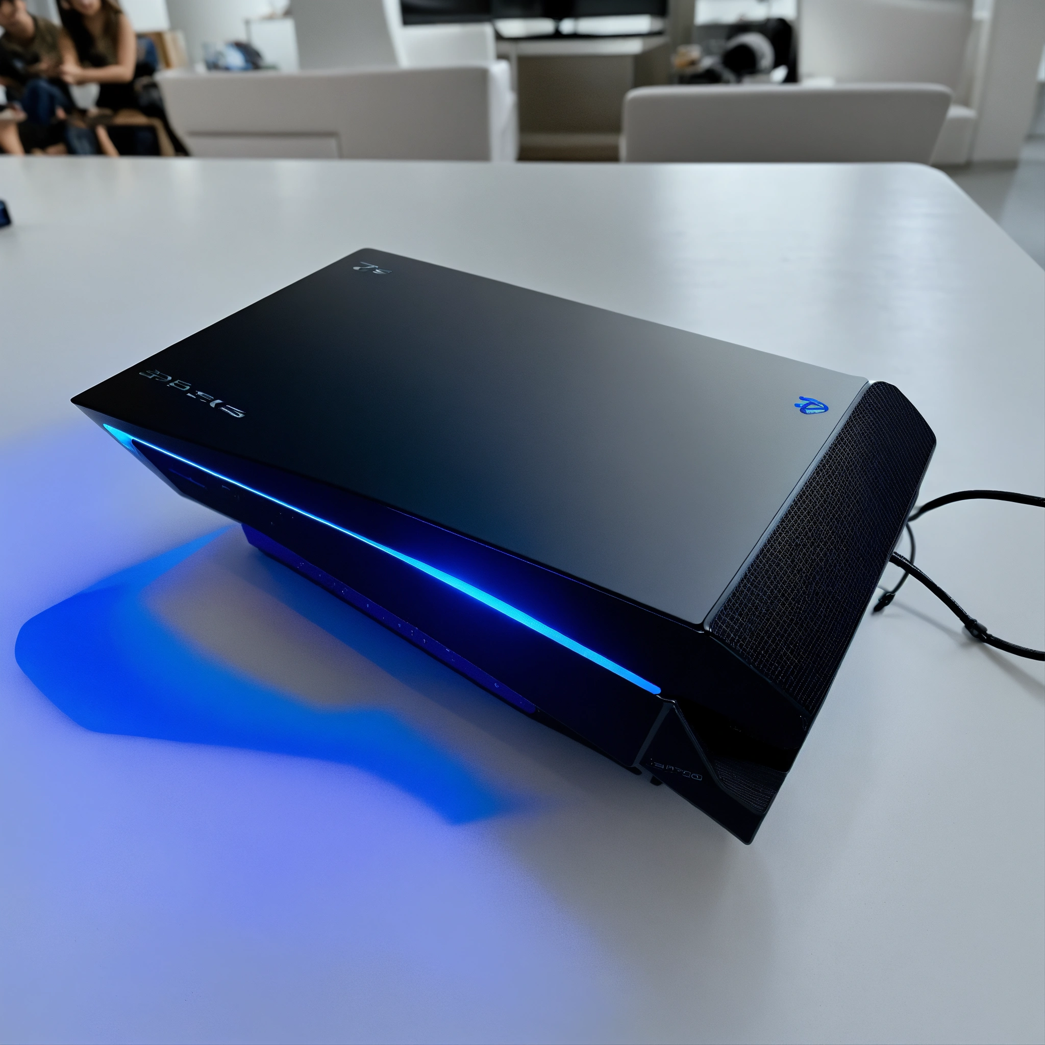 Lexica - A photo of a PS5 console. The console is black with a blue ...