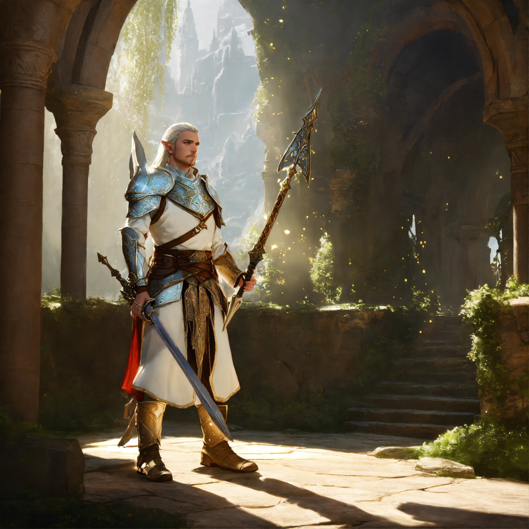 Lexica - D&D, fantasy, cinematic. D&D Elven guard wearing white armor