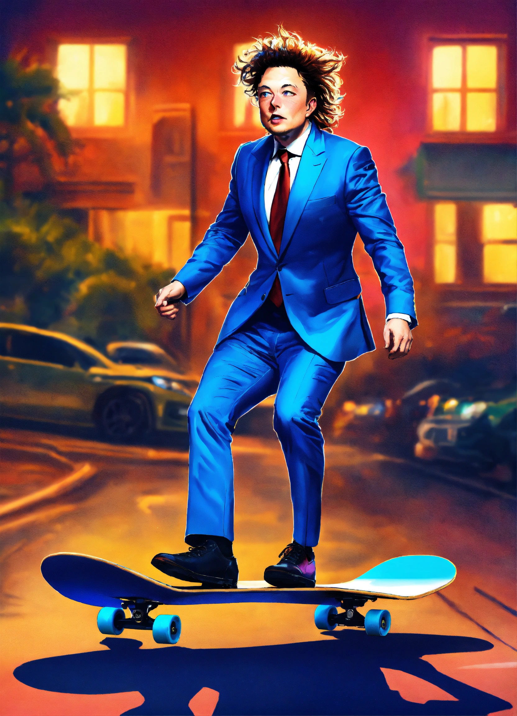 Lexica - An eccentric elon musk with wild hair in a blue suit riding a ...