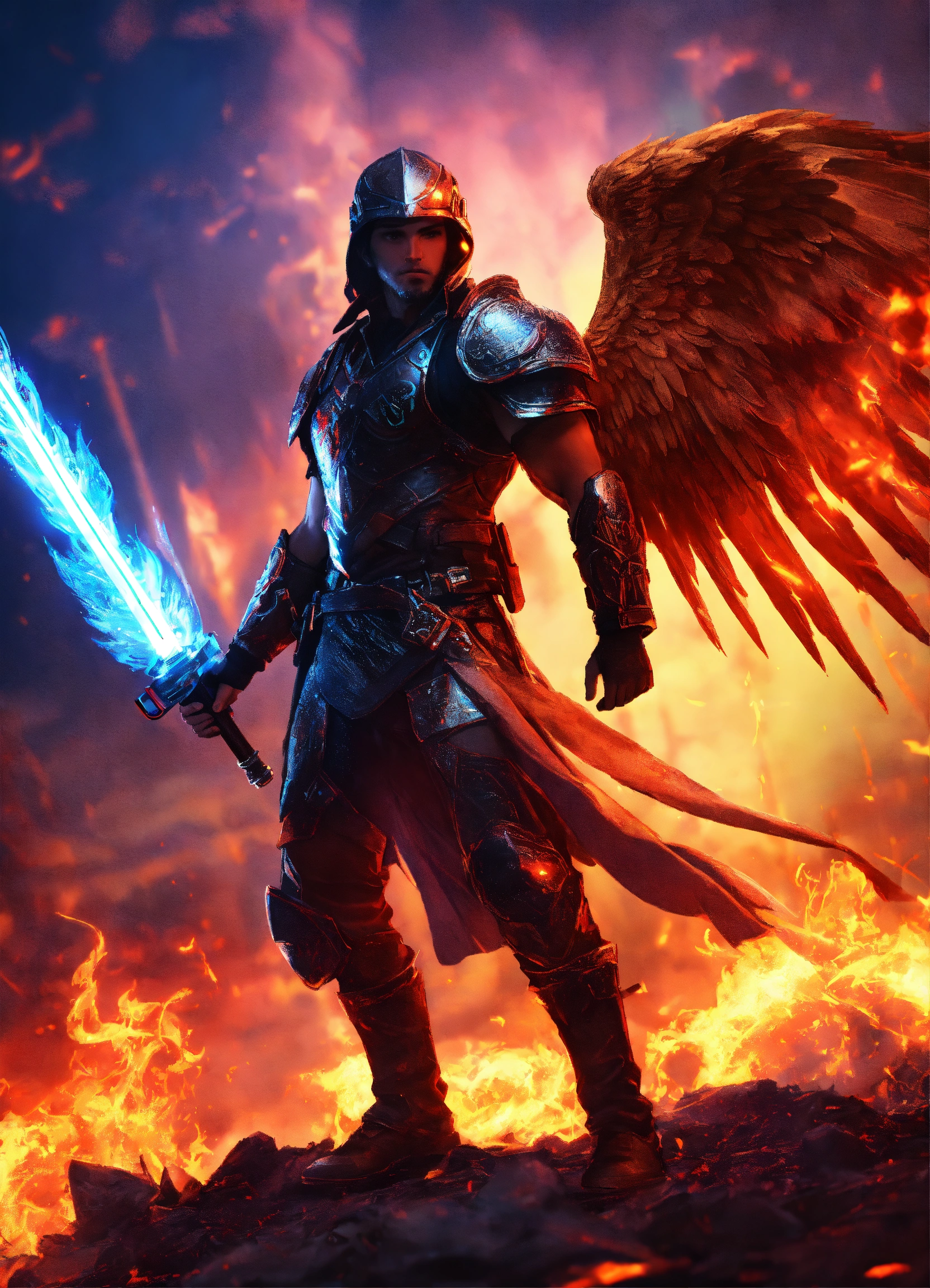 Lexica - Angel Miguel with fire sword, ultra definition, neon lights ...