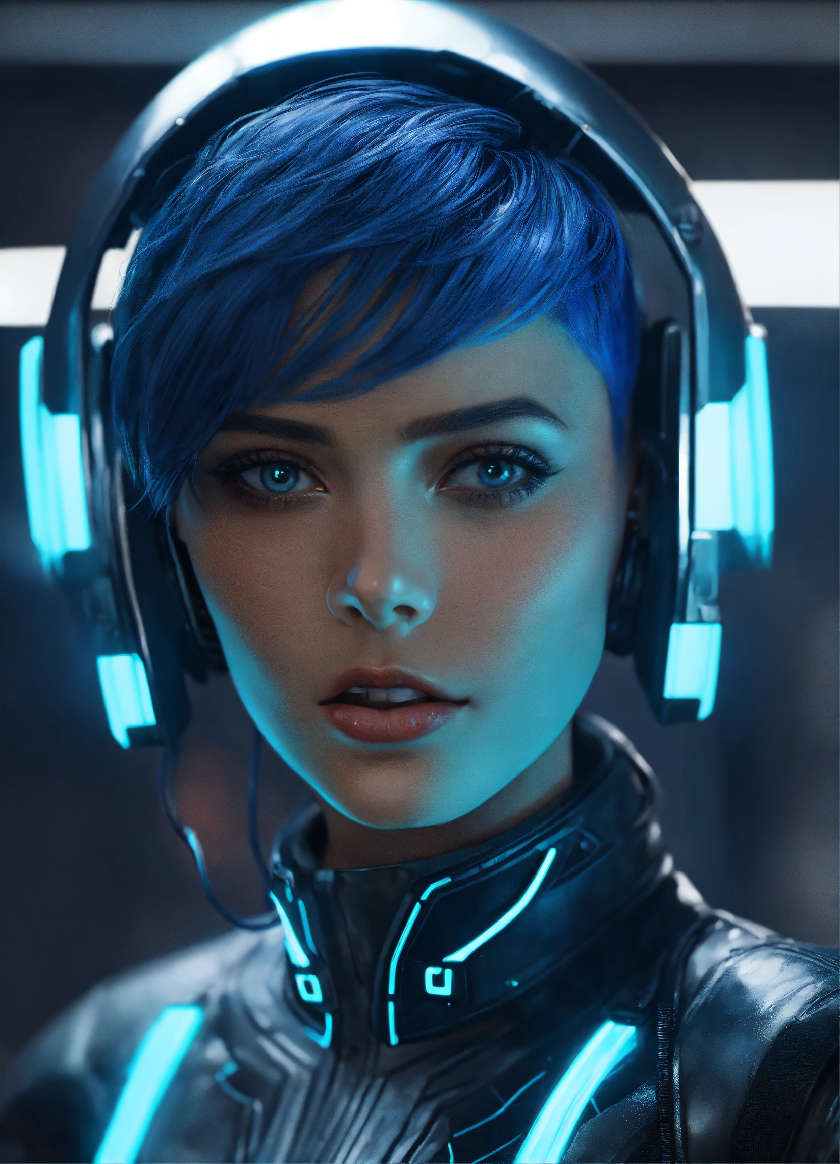 Lexica - Zoom out of a beautiful girl with short blue hair wearing a ...