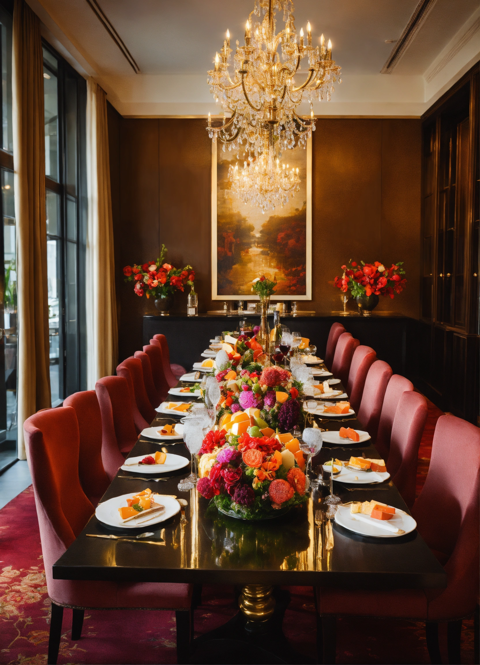 Lexica - Modern upscale hotel, private dining hall, long table, gold ...