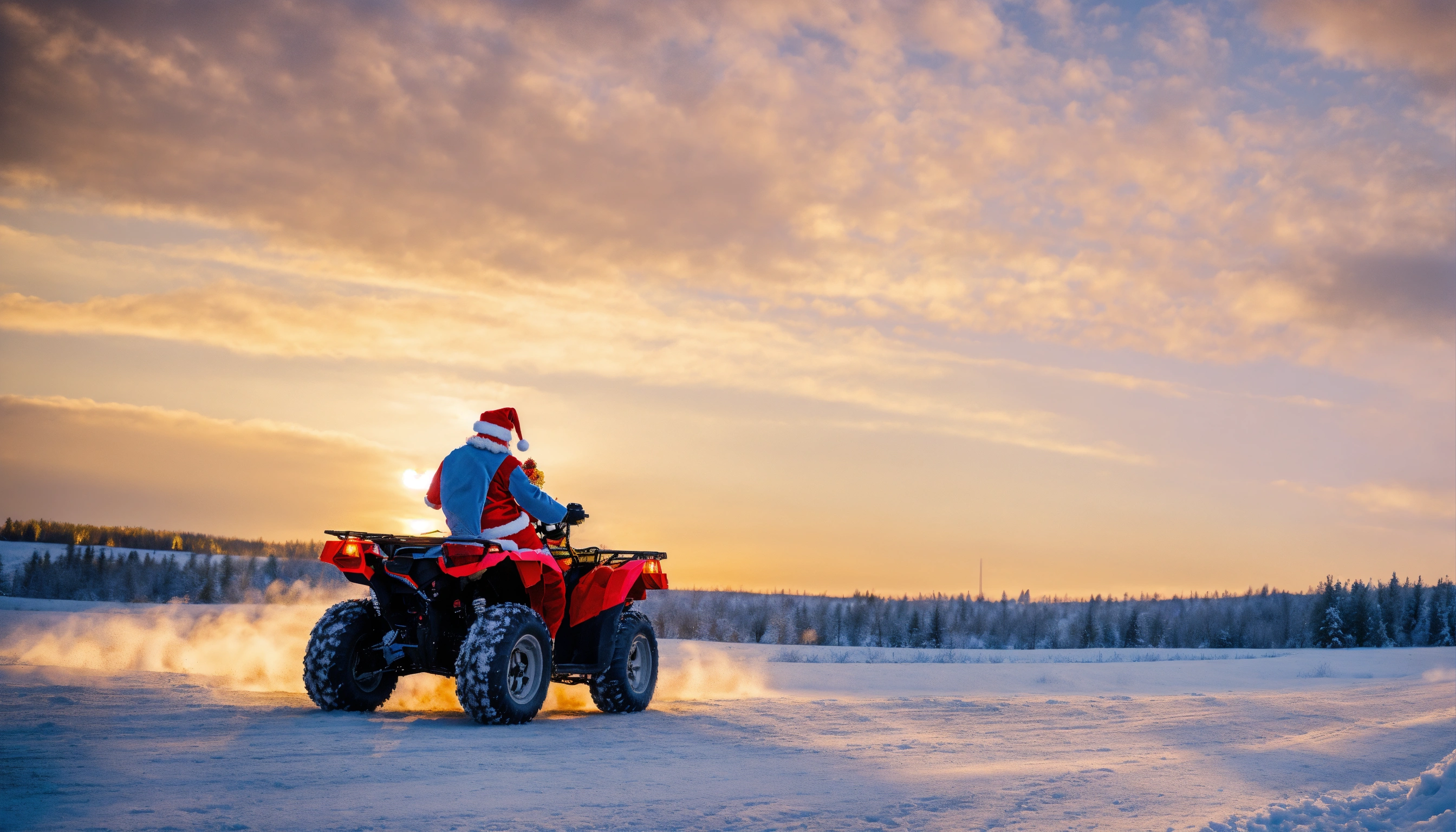 Lexica - Santa Claus with a bag of gifts rides along a snowy road on an ...