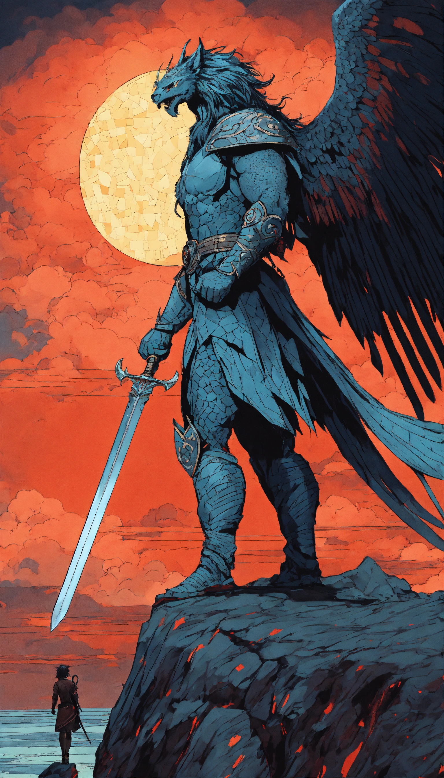 Lexica - Drawing of a mythical creature with muscles, wide wings, sword ...