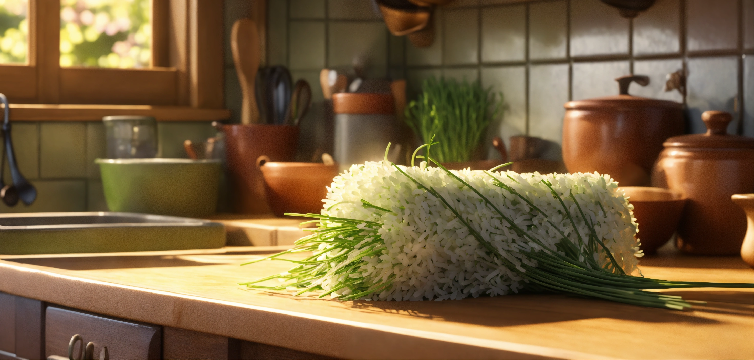 Lexica - Stock photo of small fresh roll of bundled chives on a warm ...