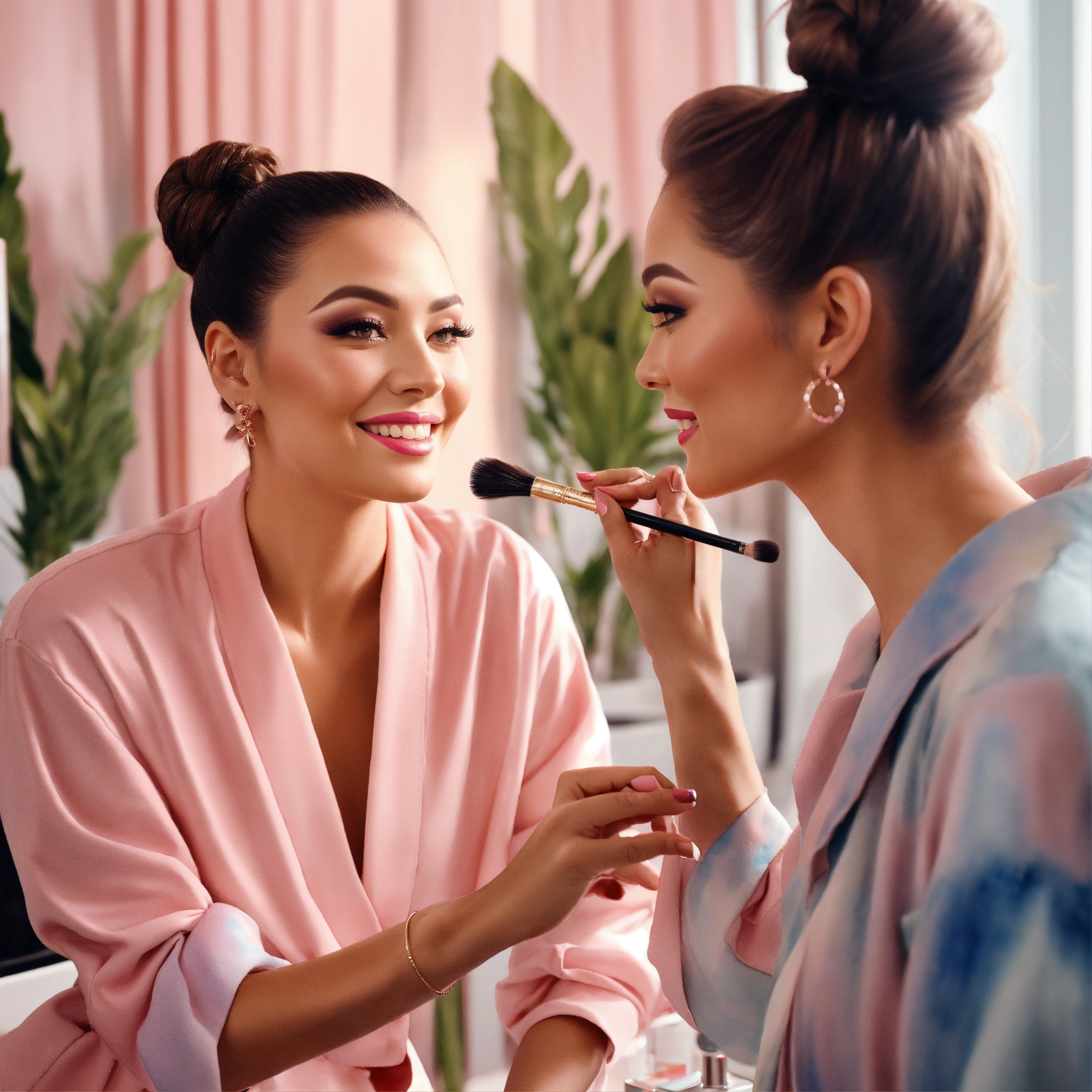 Lexica - A beautiful makeup artist puts on makeup a beautiful client ...