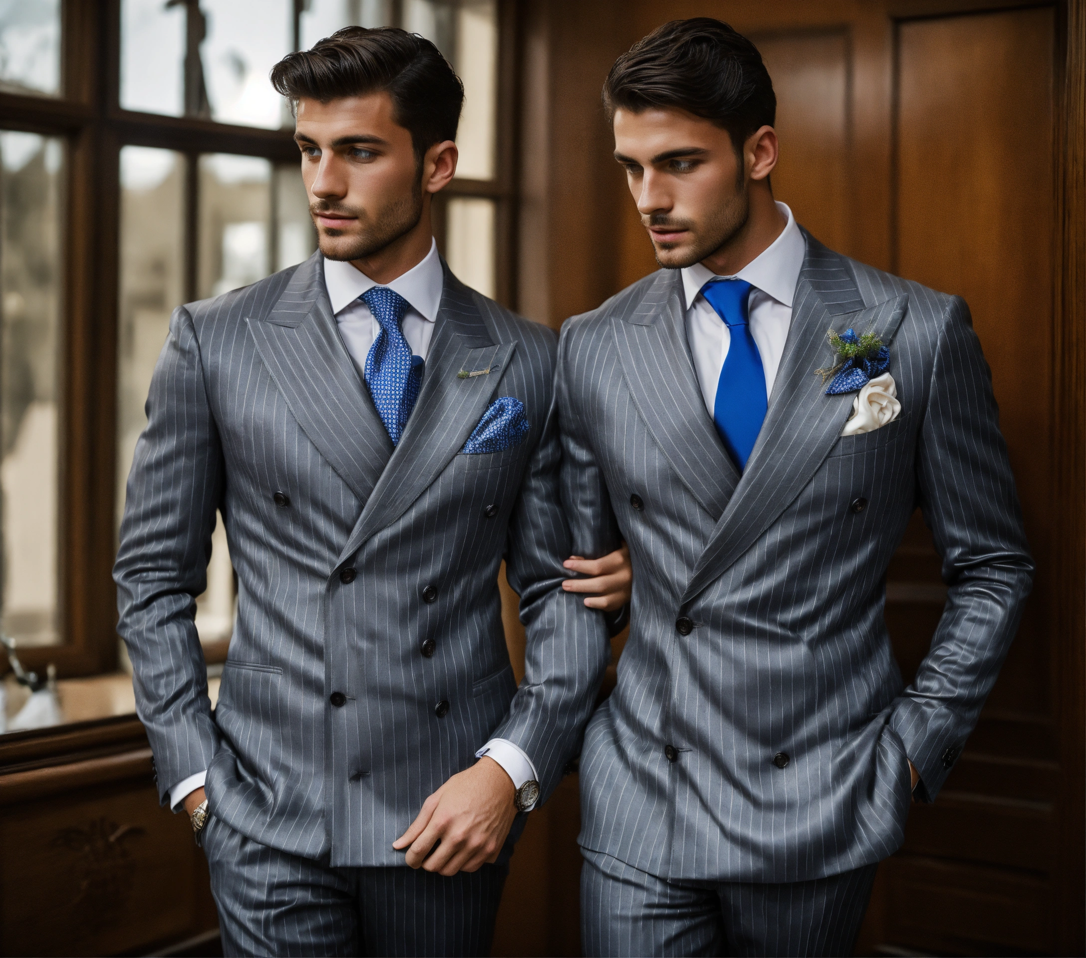 Lexica - Two young Italian male sportsmen in silk satin grey pinstripe ...