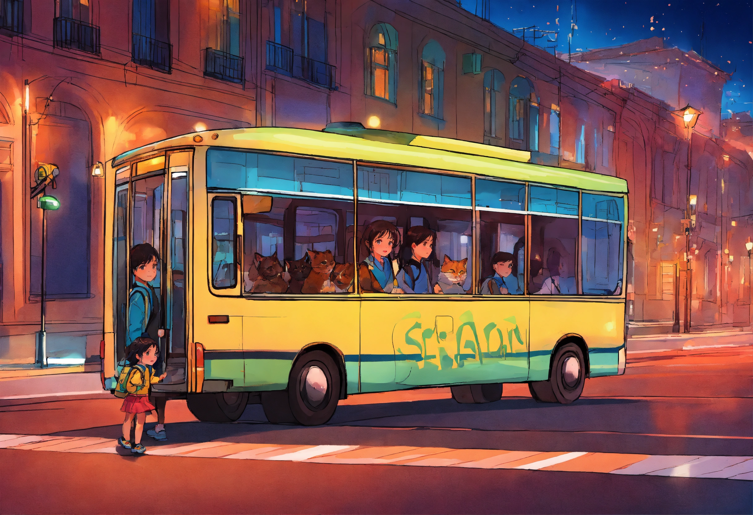 Lexica - Parada de bus escolar, niña morena con gato negro, esperan en ...