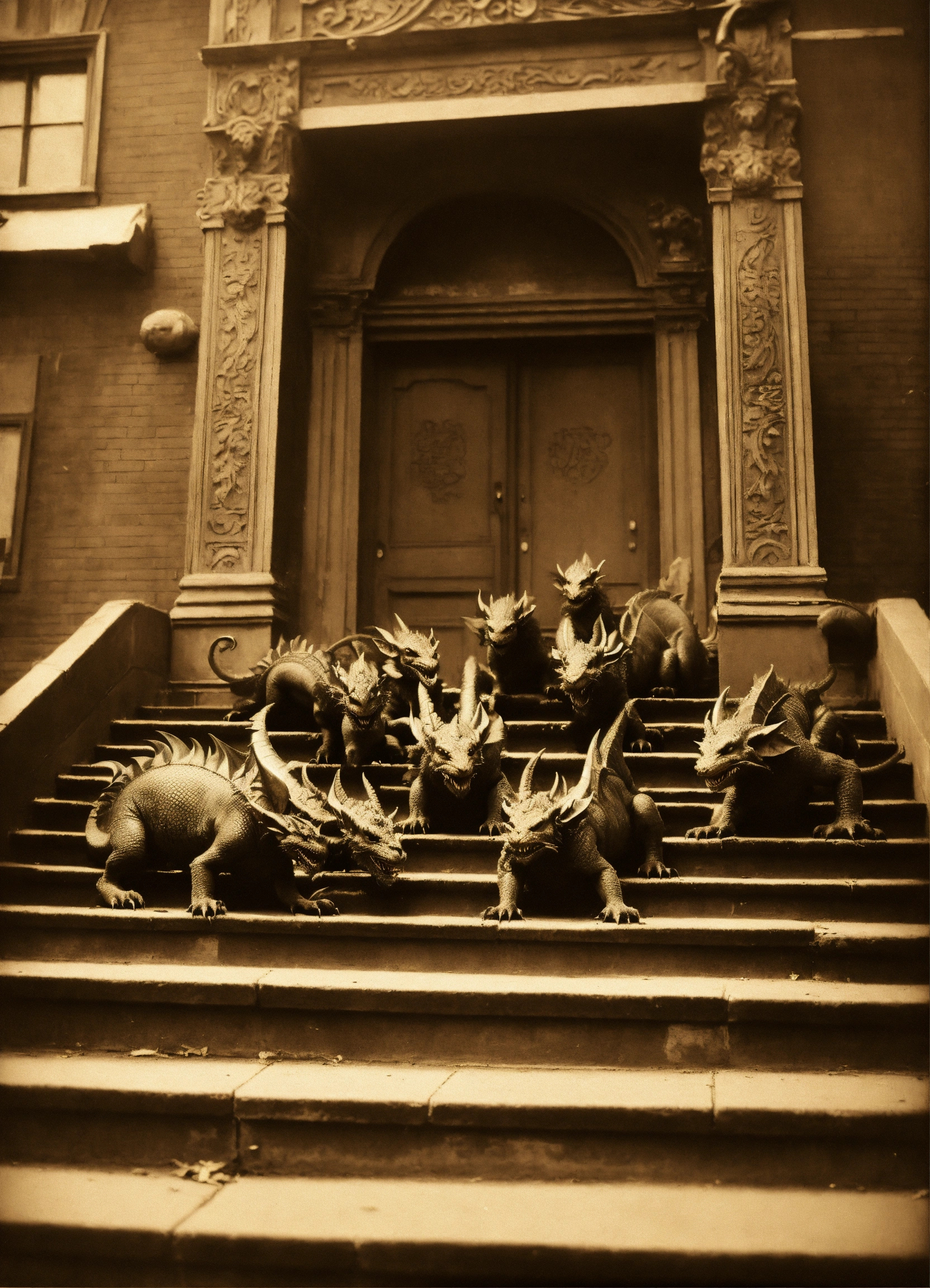 Lexica - Vintage 1800s photo of a gang of dragons sitting on steps ...