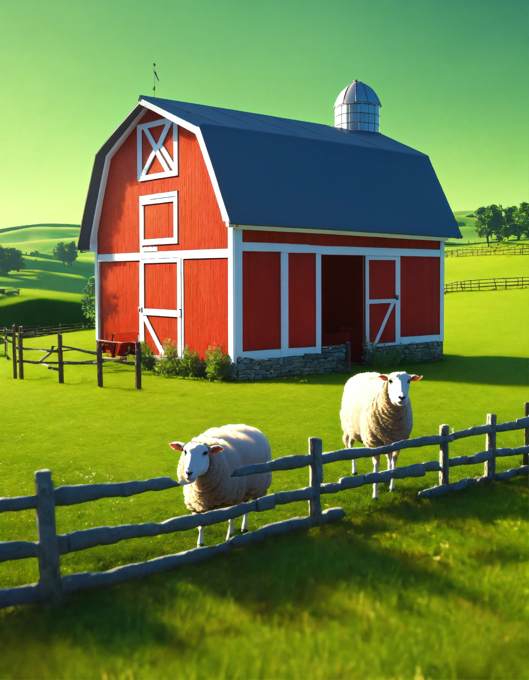 Lexica - Red barn with open door on green grass in village 3d render ...