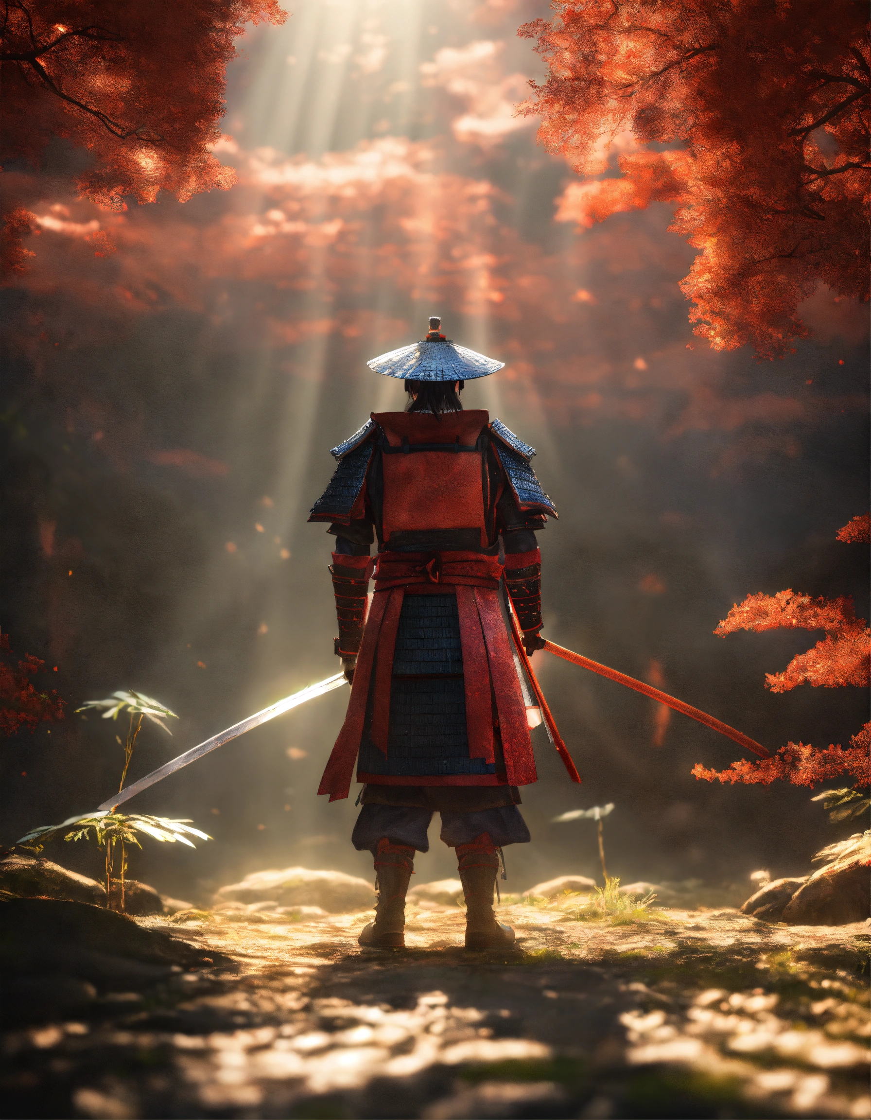 Lexica - Peculiar environment with god rays, samurai warrior, 8K ...