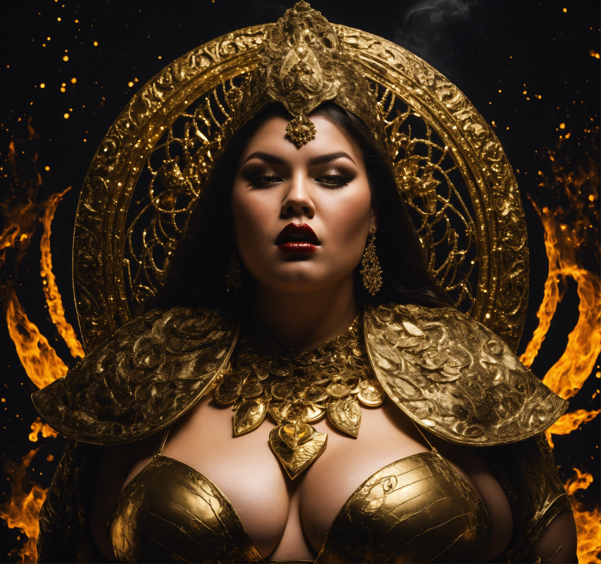 Lexica - A menacing plus-size model hell goddess, black gold background.