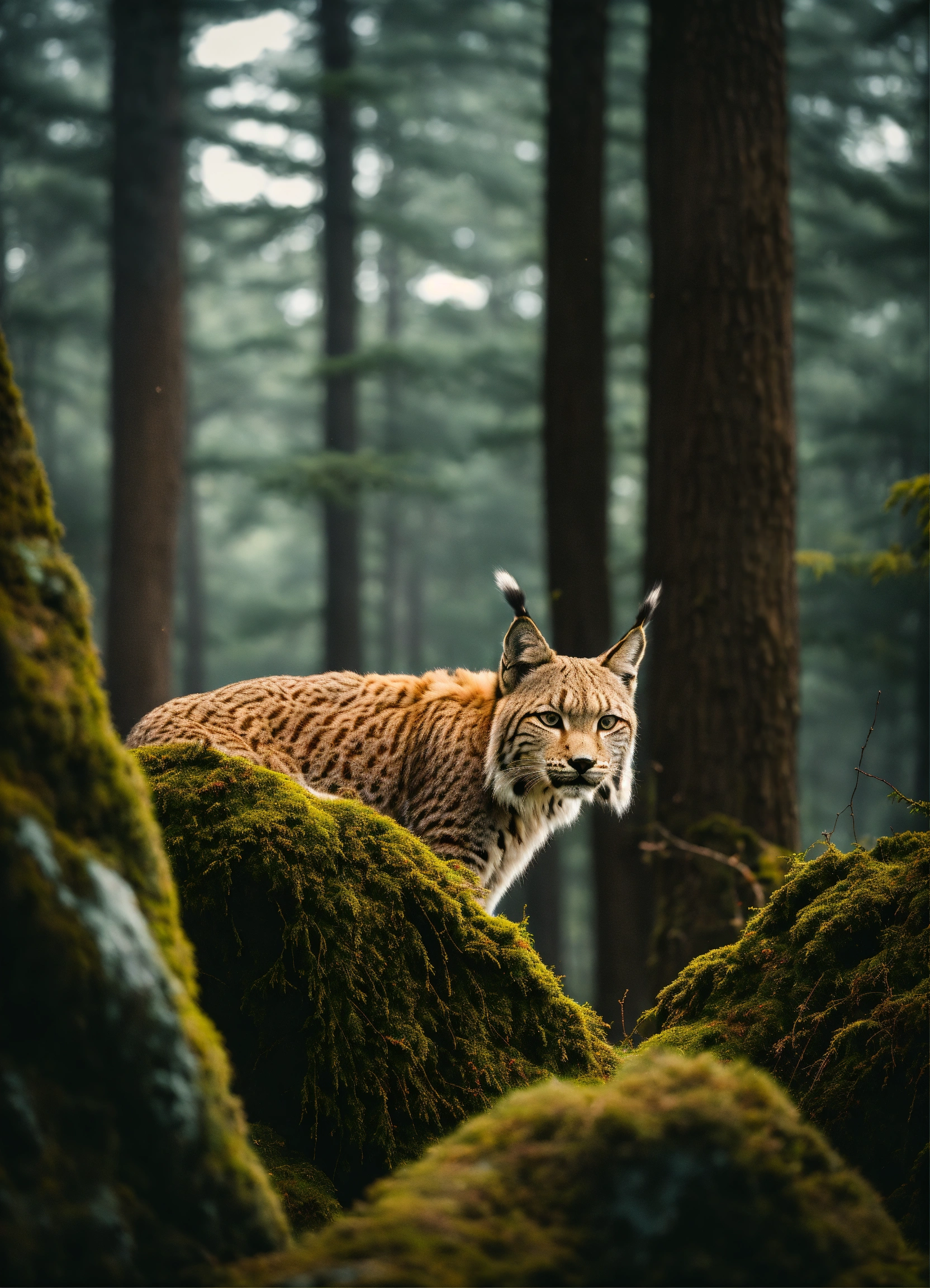 Lexica - Minimal, cinematic, a lynx among the trees, forest lake, moss ...