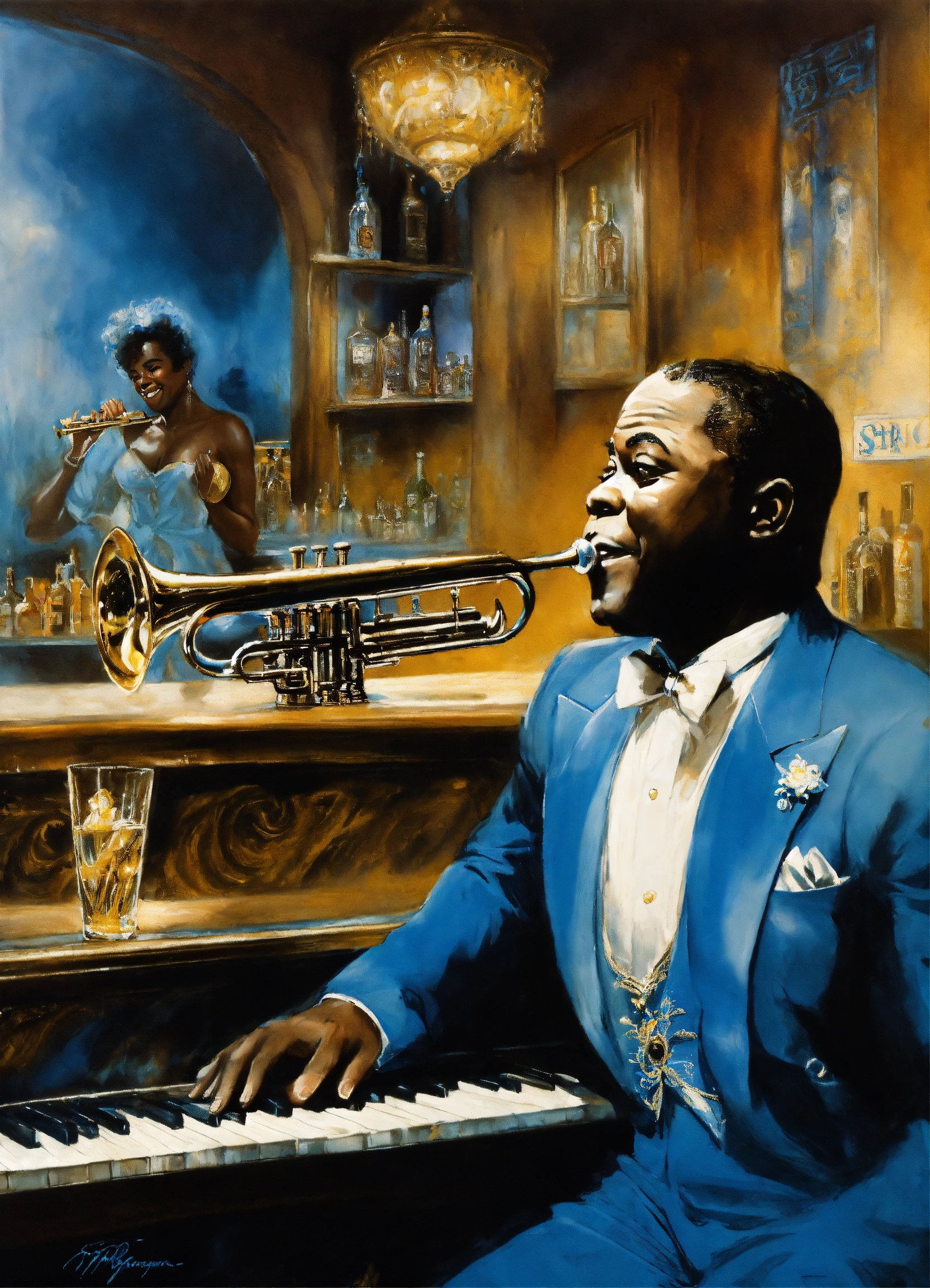 Lexica - "Louis Armstrong and in the background a bar in with a blue ...