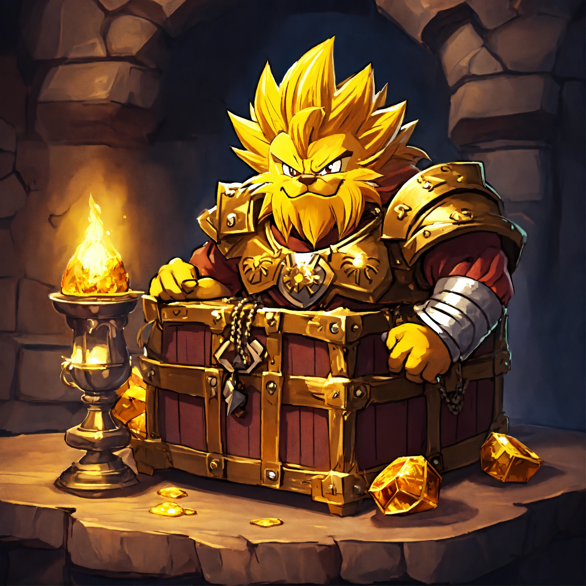 Lexica - Cute super saiyan monster guarding treasure chest, medieval