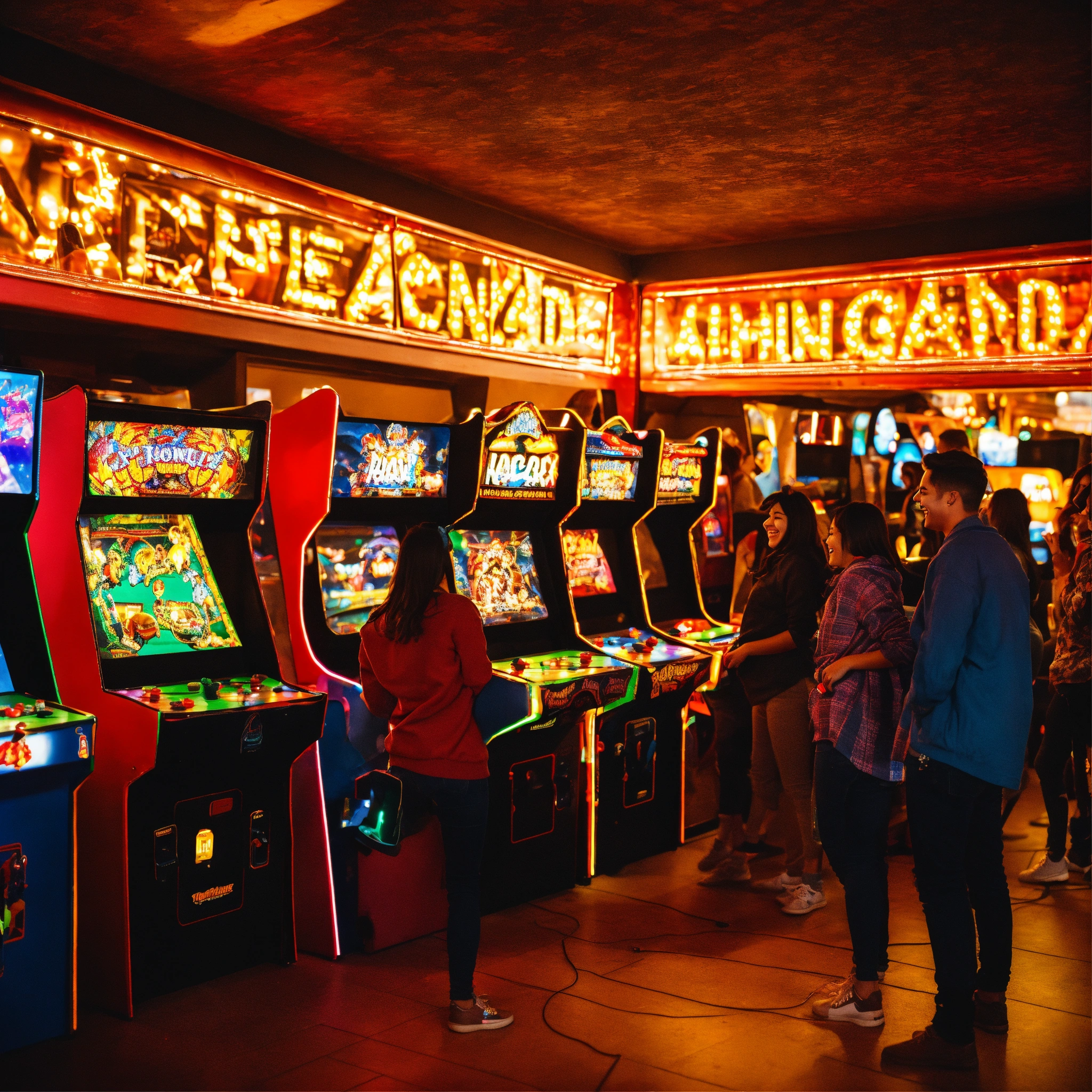 Lexica - A photo of a group of people playing arcade games. The people ...