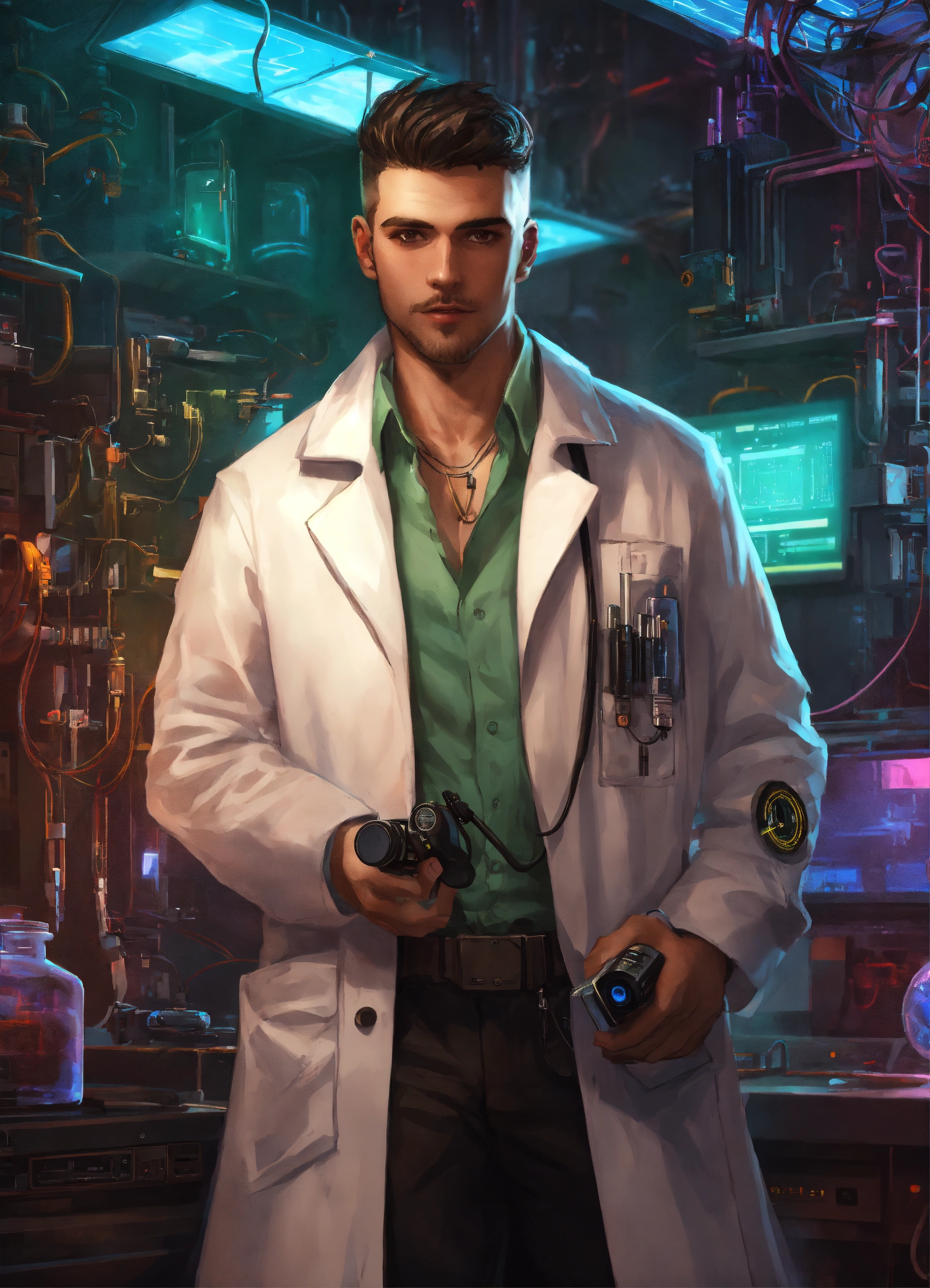 Lexica - Male sneaky college aged cyberpunk lab assistant in a lab coat