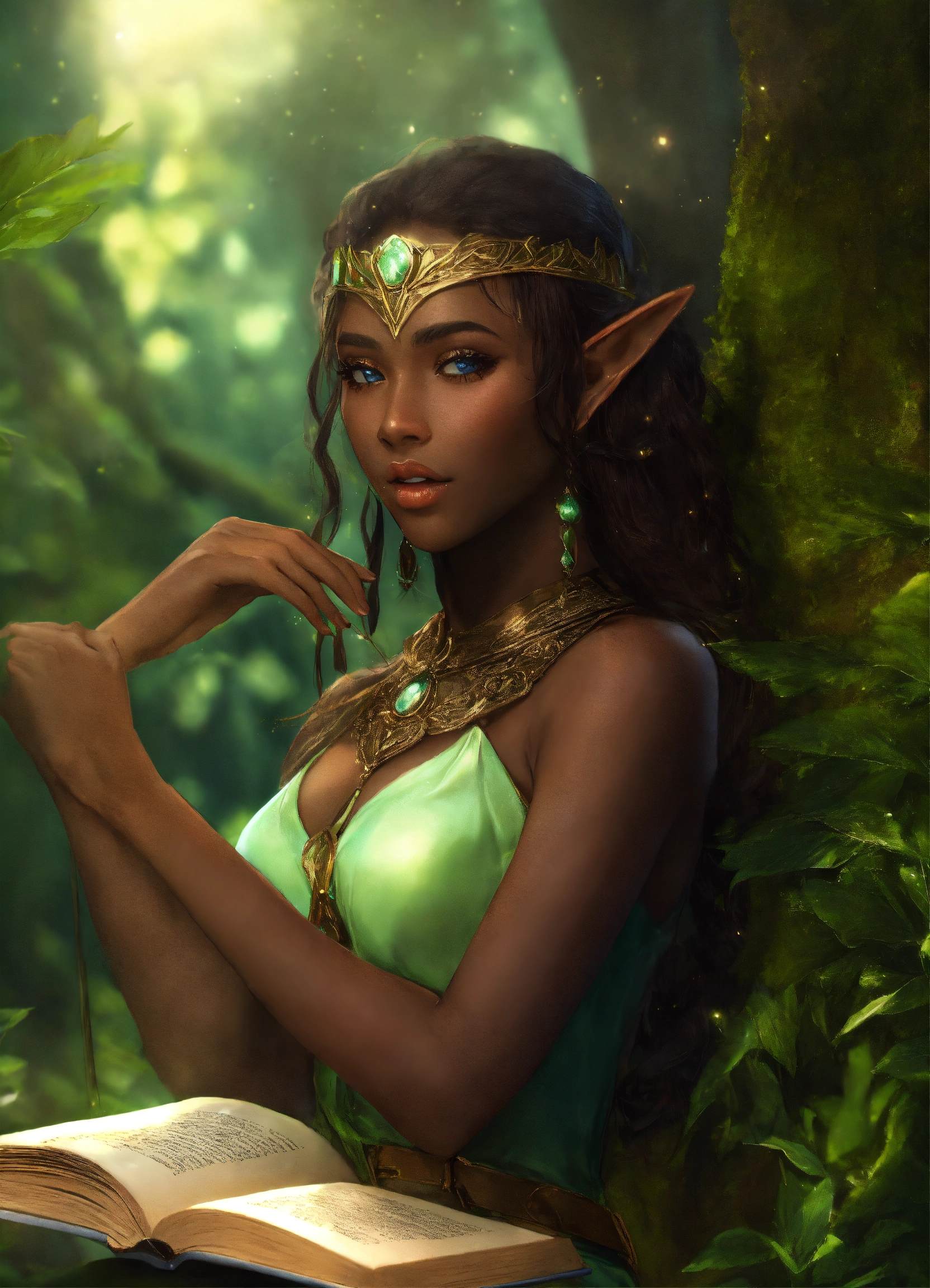 Lexica - Elf woman, fantasy, brown skin, book