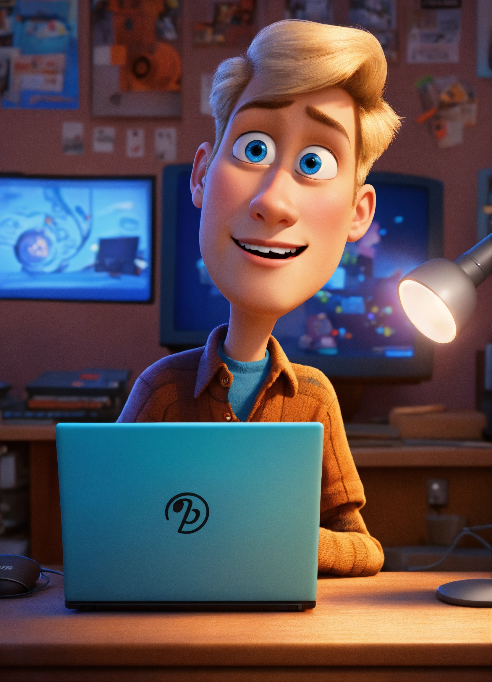 Lexica - Pixar man blode blue eyes big nouse qith computer cartoon