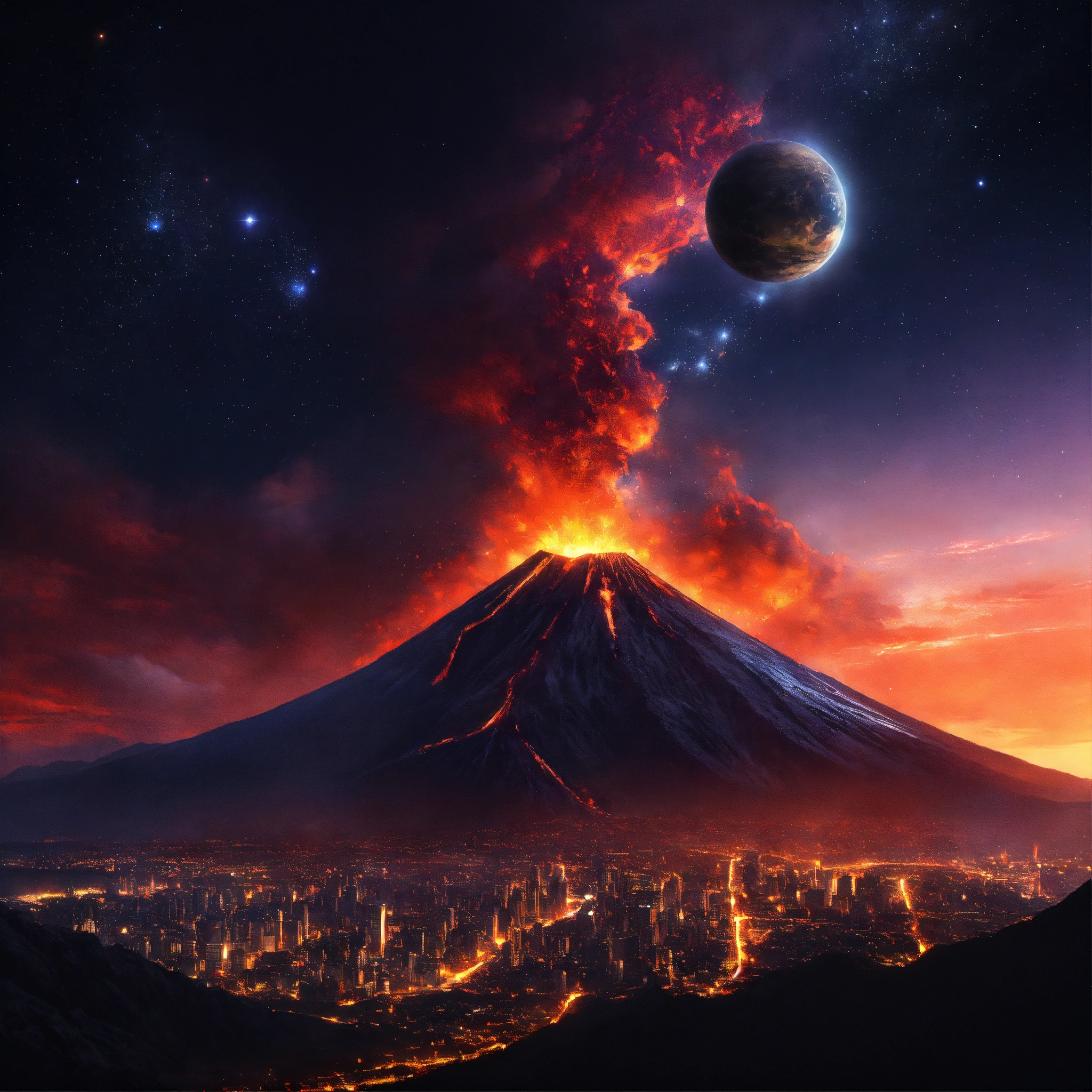 Lexica - Ultra realistic, volcano, big planet in sky, fire, black ...