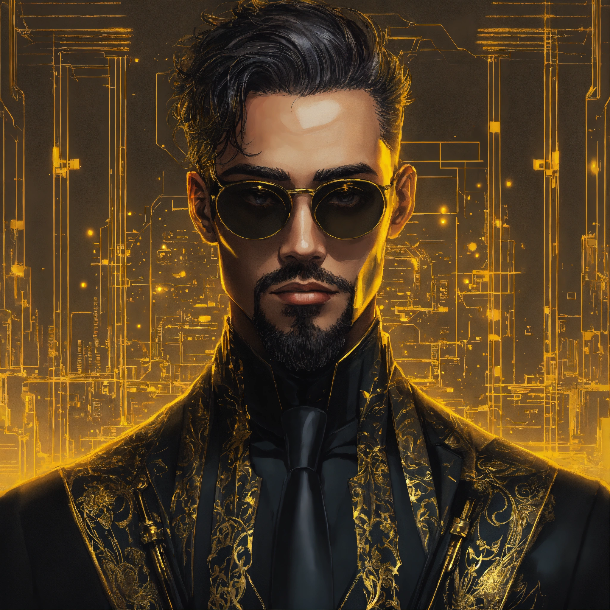 Lexica - Cyberpunk executive in a fancy black suit with subtle gold ...