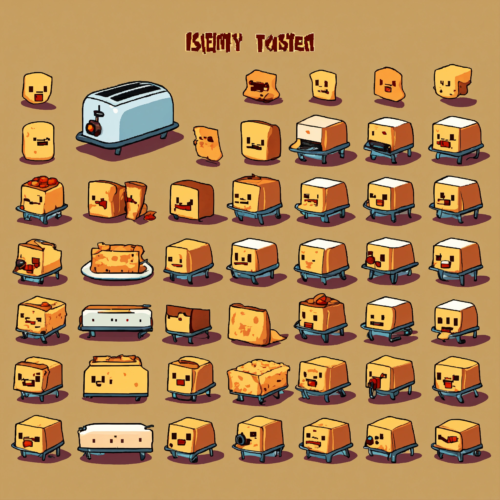 Lexica - Defeat animation sprite sheet for a smiling toaster enemy ...