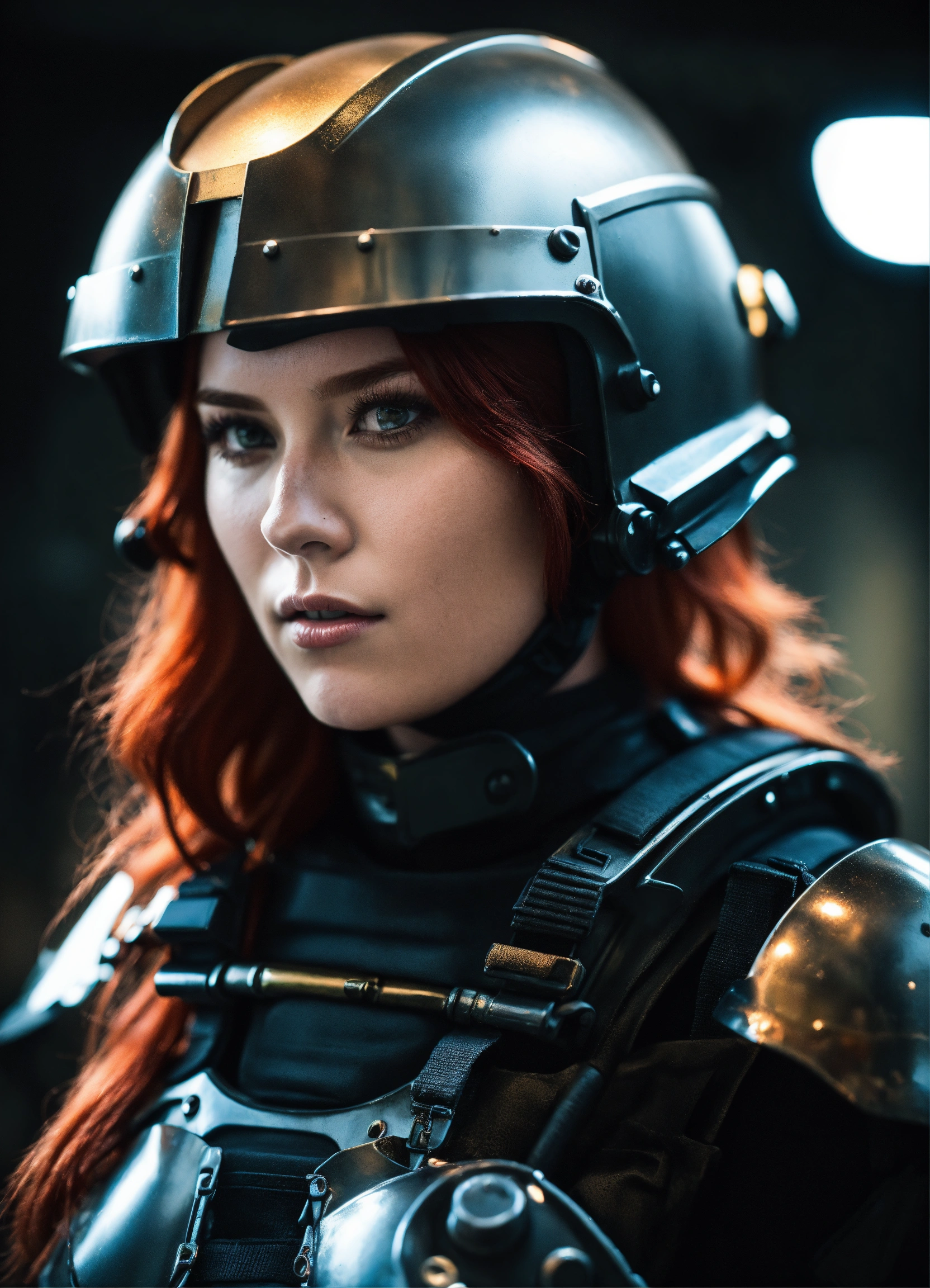 Lexica - Female athletic red hair model wearing black metal military ...