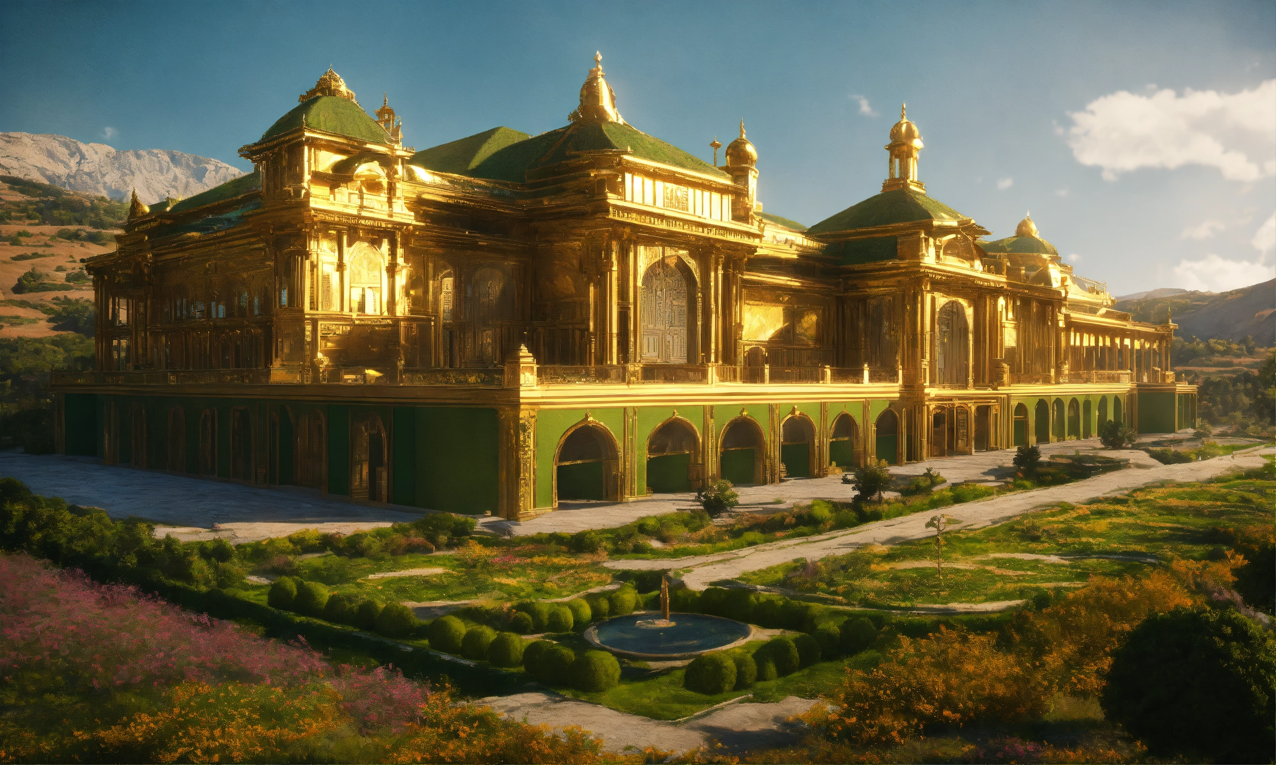 Lexica - Full image of a massive golden palace with a green roof, built ...
