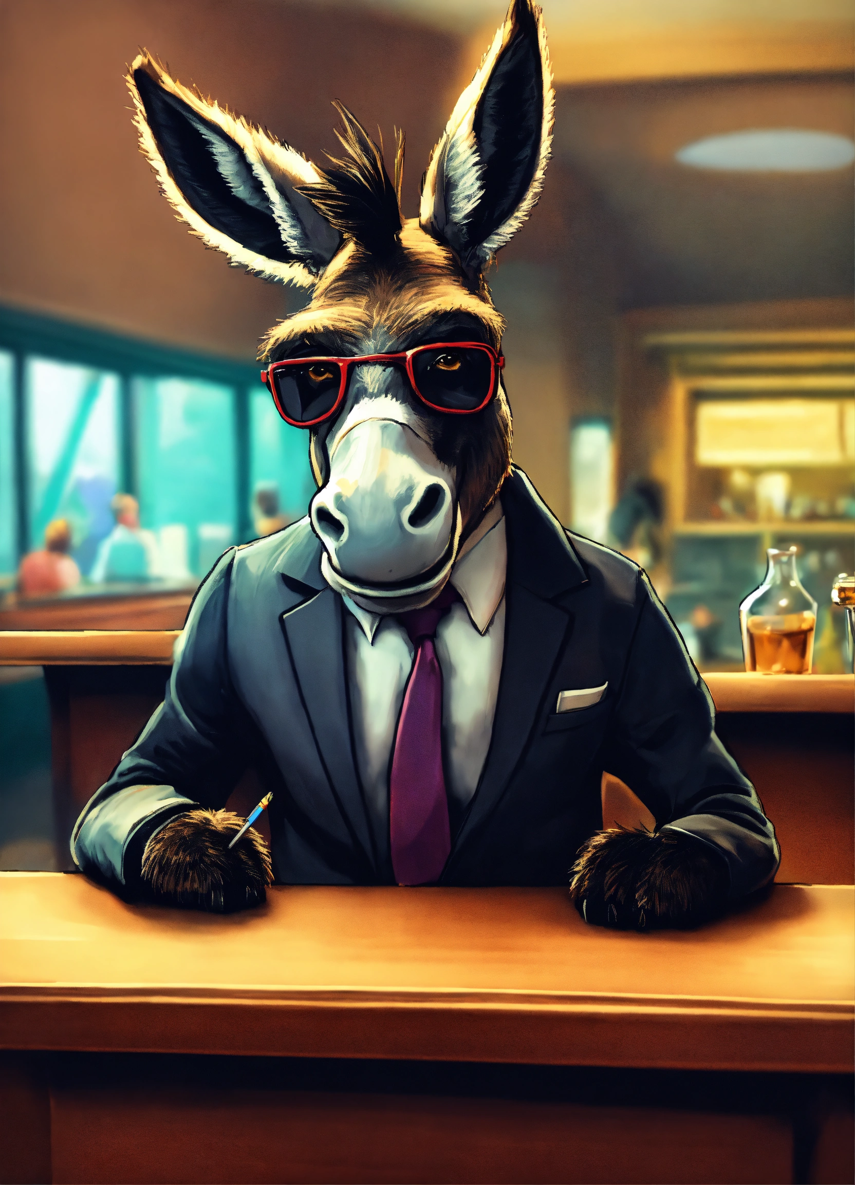 Lexica - Funny, donkey sittin on a bar desk, wearing balck suite and ...