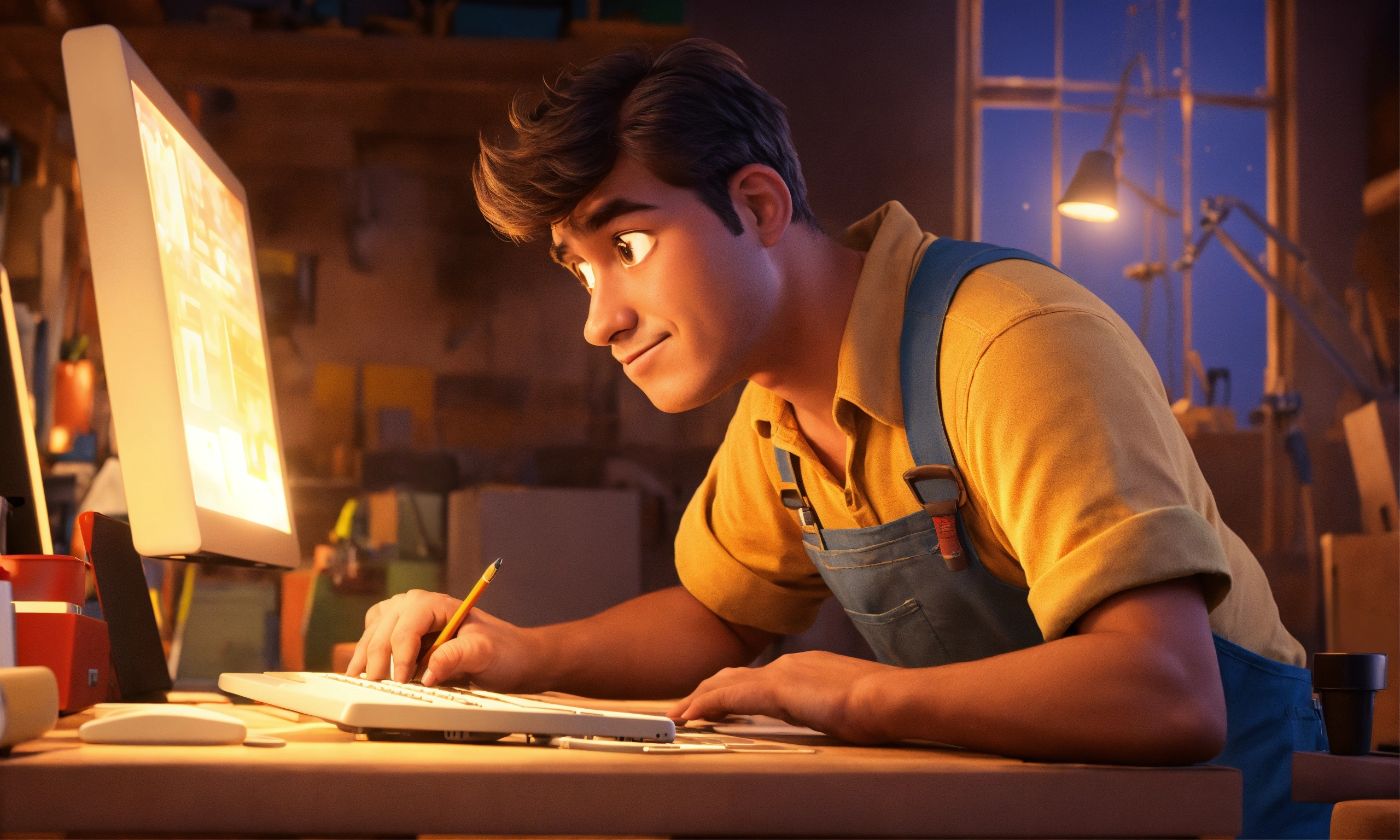 Lexica - Generate a Disney Pixar style image, man working hard in front ...