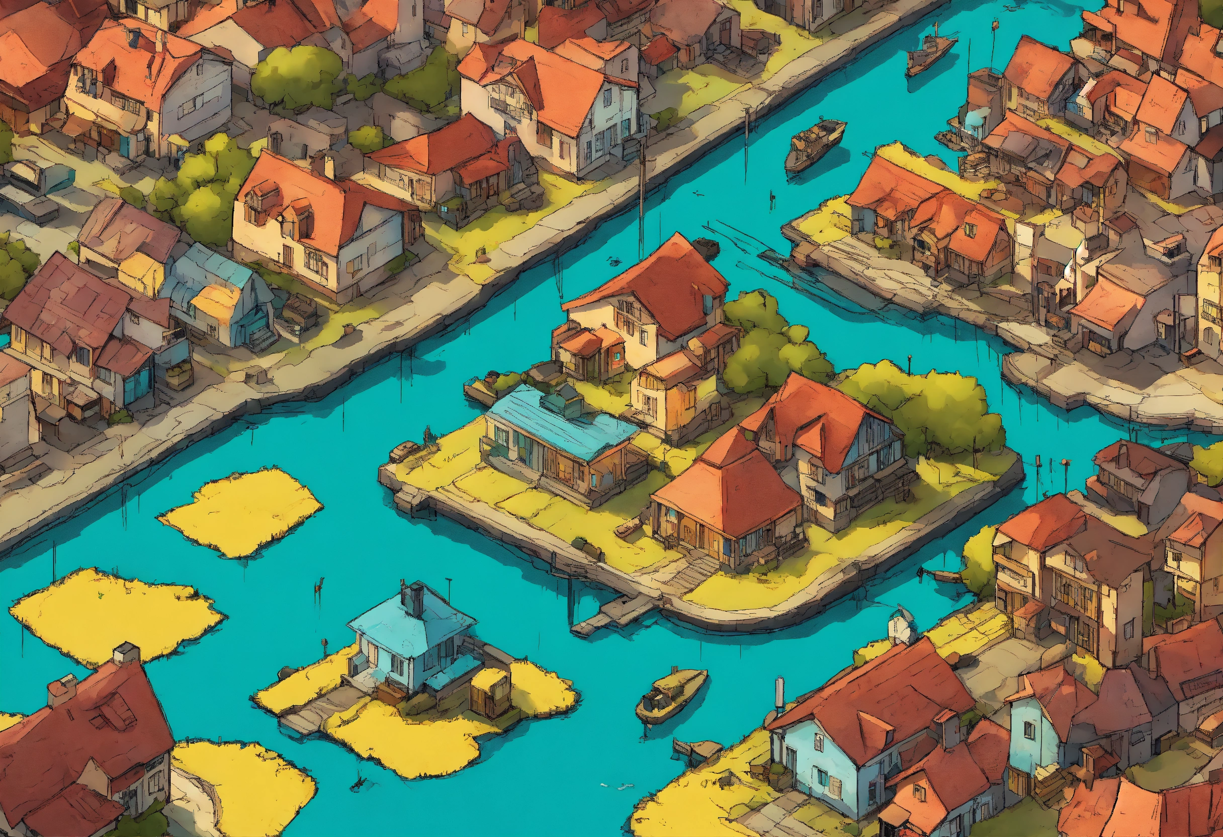 Lexica - A town from aerial perspective. comic style