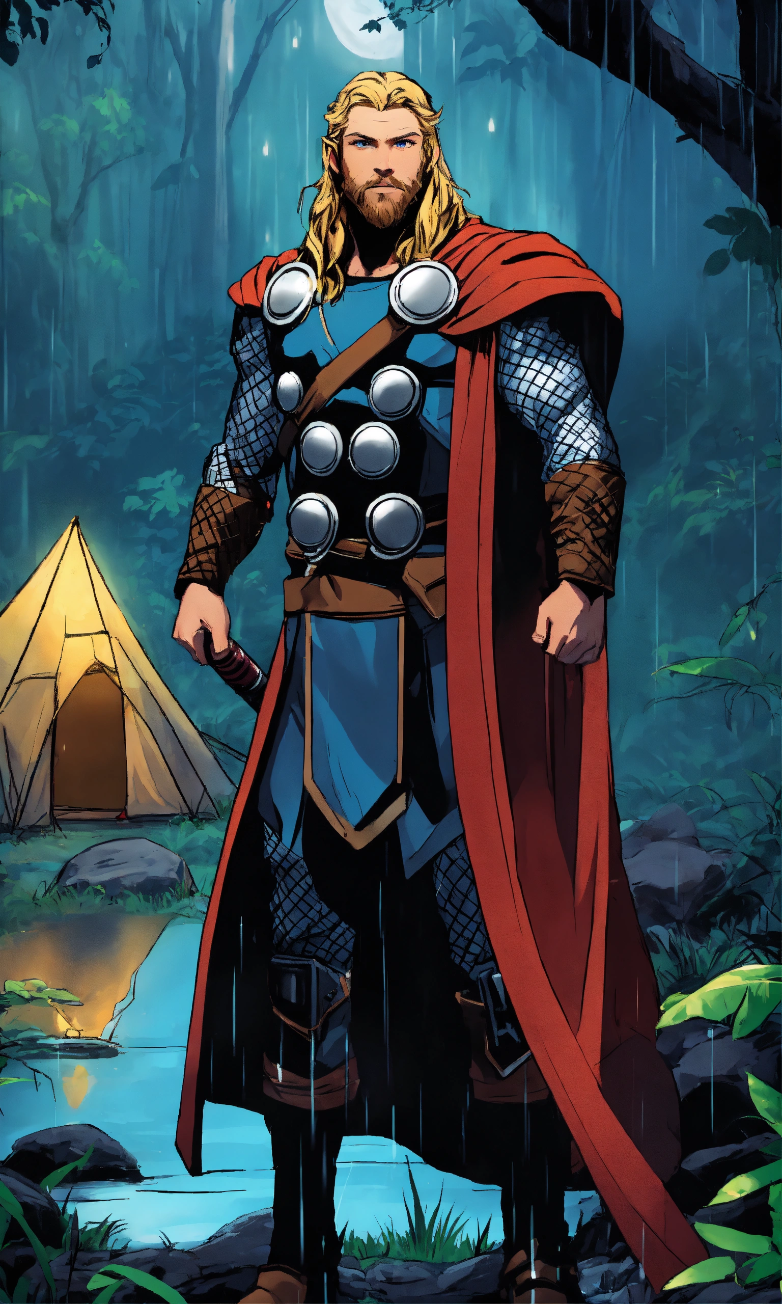 Lexica - Thor camping on a rainy day in the jungle at night, nature ...