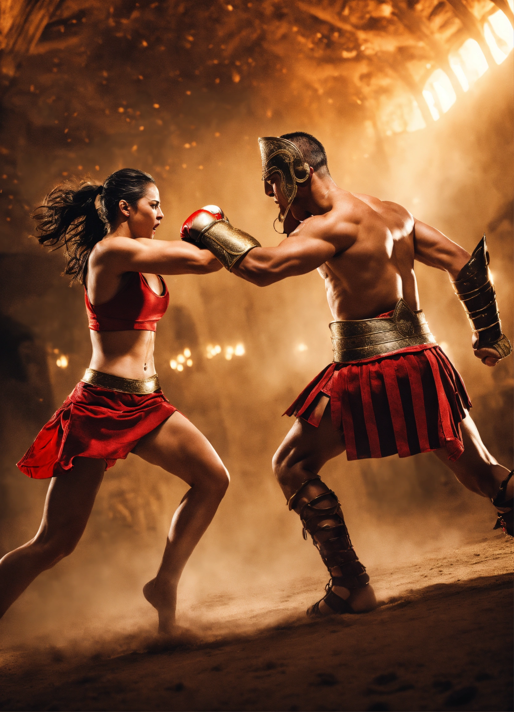 Lexica - Athletic female gladiator defeating male gladiator by punching male gladiator with her ...