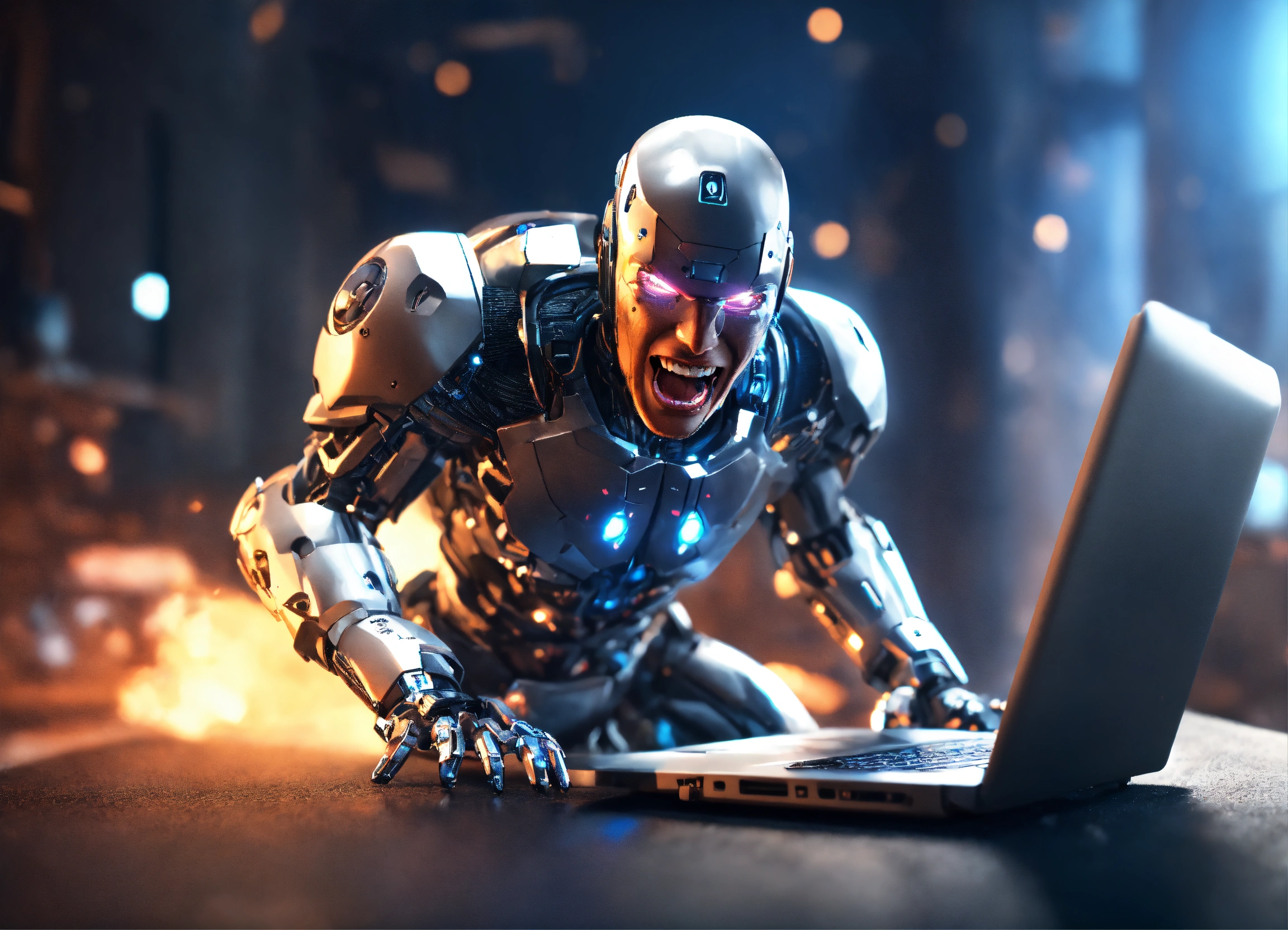 Lexica - Cyborg, 3d, come out of laptop screen, happy, screaming